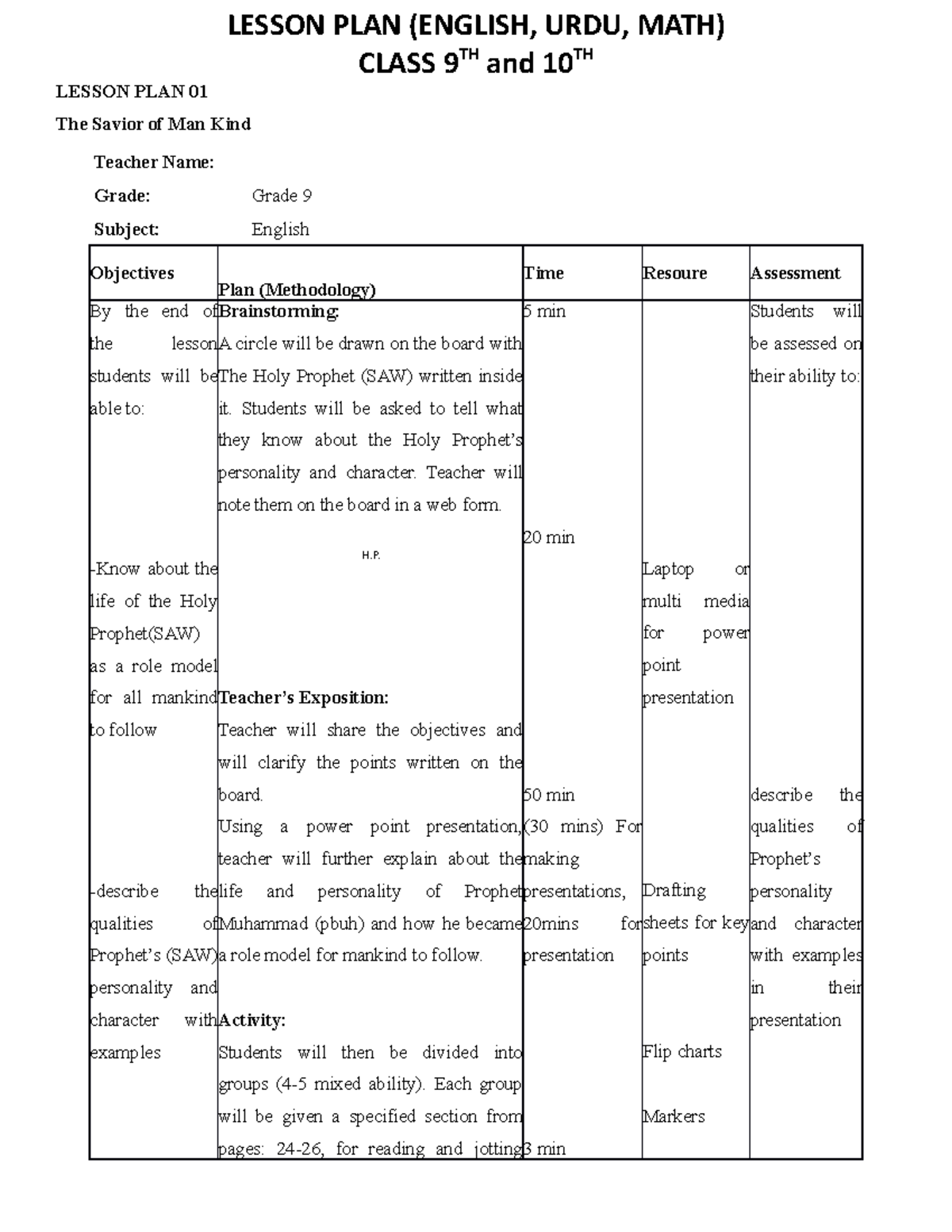 8608 code 40 lesson plans-1 - CLASS 9TH and 10TH LESSON PLAN 01 The ...