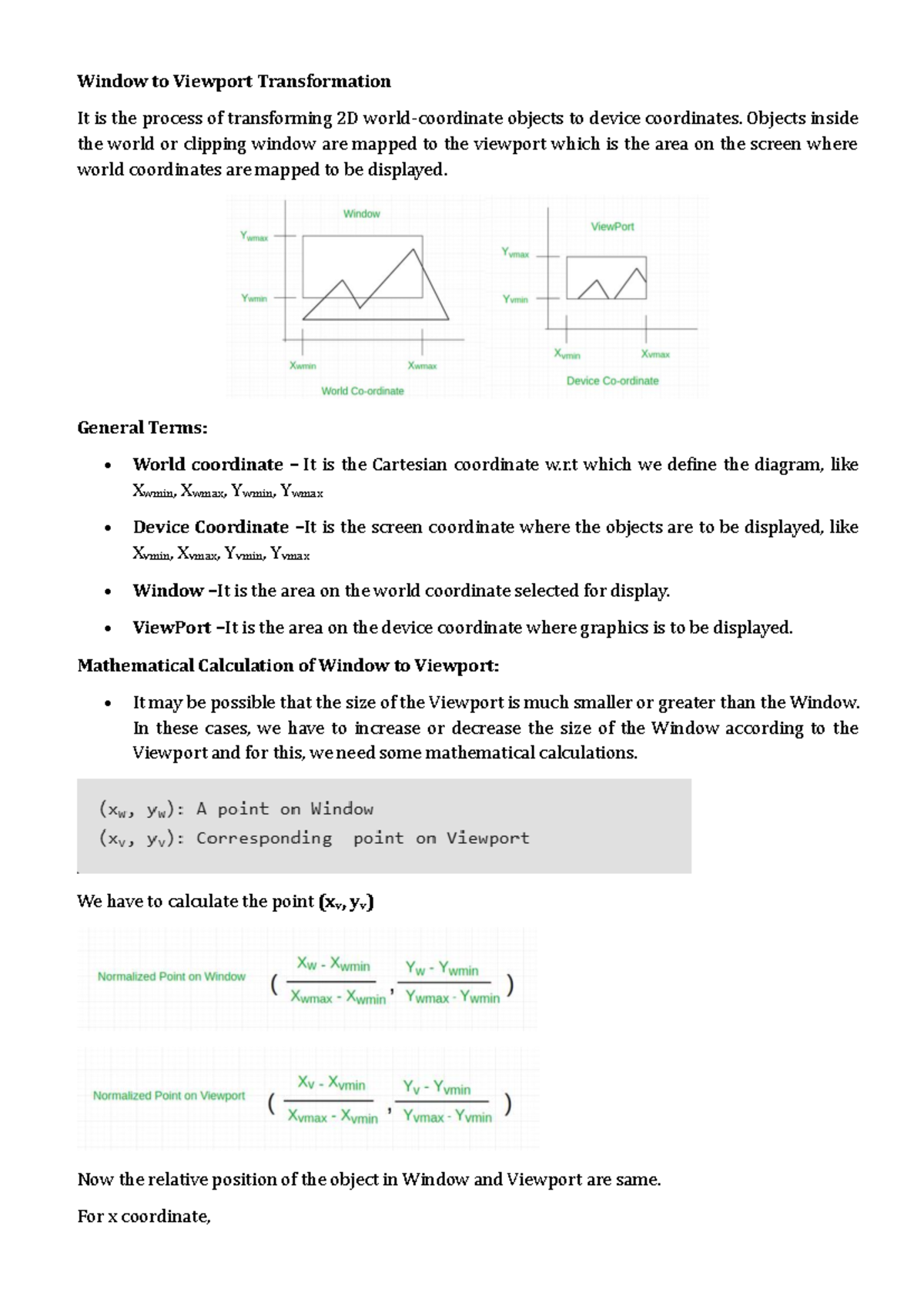 Window to view port - Window to Viewport Transformation It is the ...