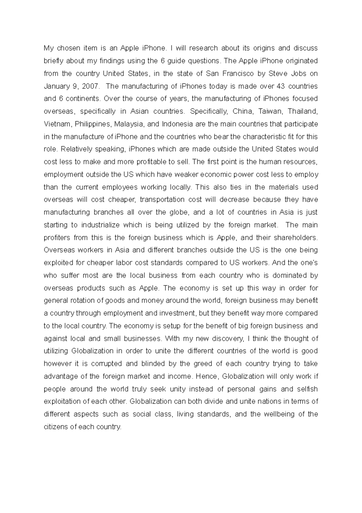 Redota Globalization Around Us - My chosen item is an Apple iPhone. I ...