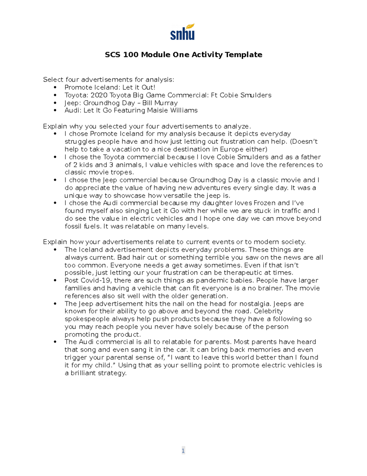 SCS 100 Module One - SCS 100 Module One Activity Template Select four ...