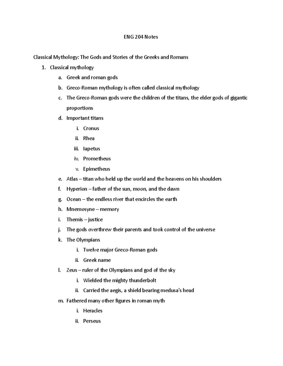 ENG 204 Notes - gods and the Odyssey - ENG 204 Notes Classical ...