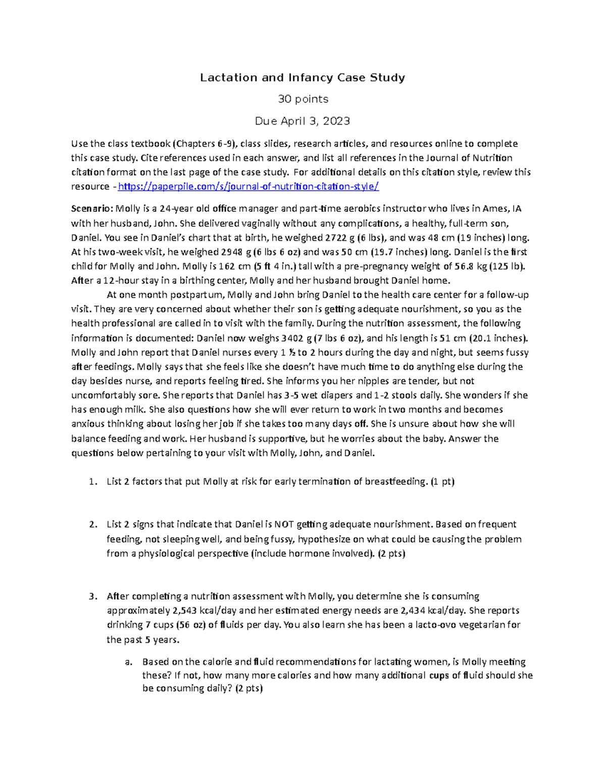 Lactation case study - Lactation and Infancy Case Study 30 points Due ...