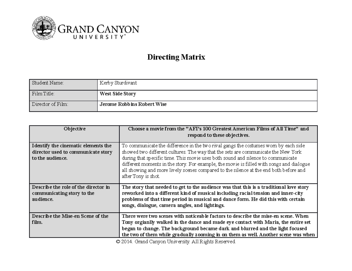 Directing matrix - Directing Matrix Student Name: Kerby Sturdivant Film ...