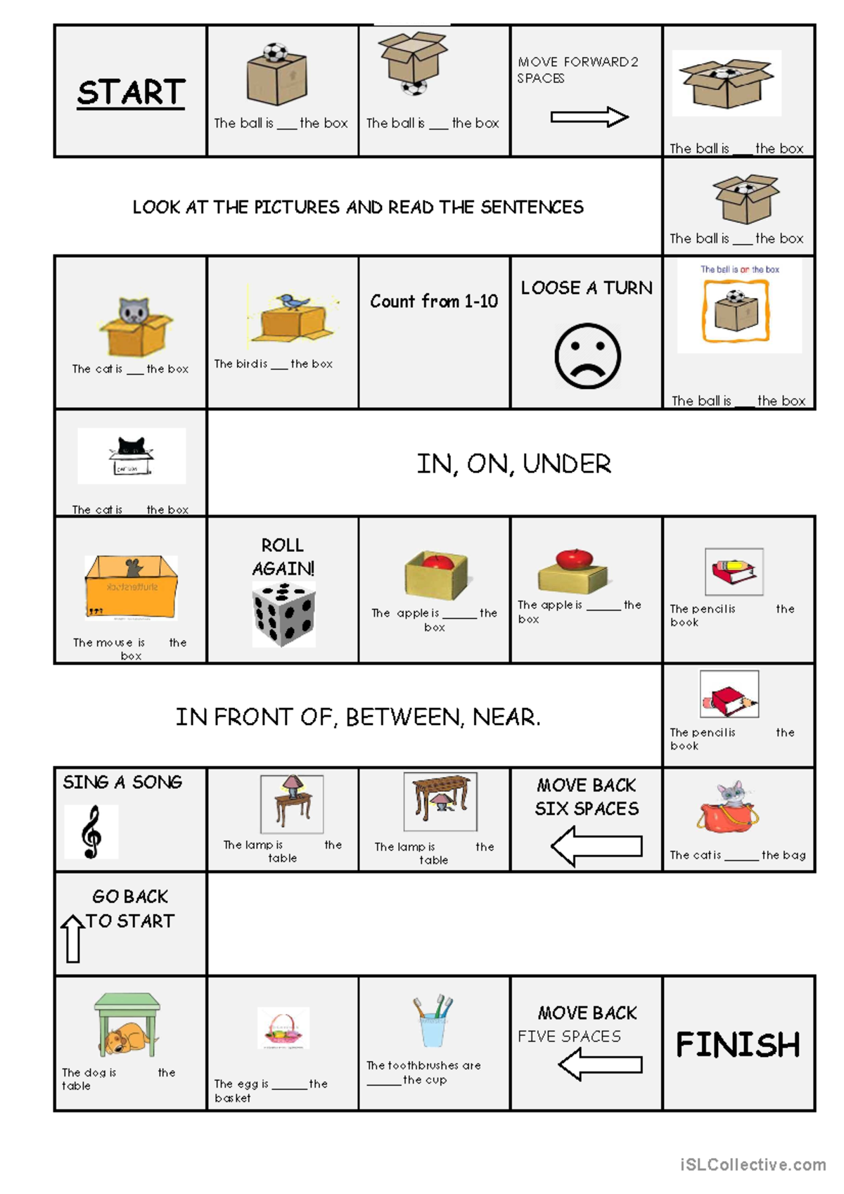 IN ON Under - A game to learn prepositions of place - START The ball is ...