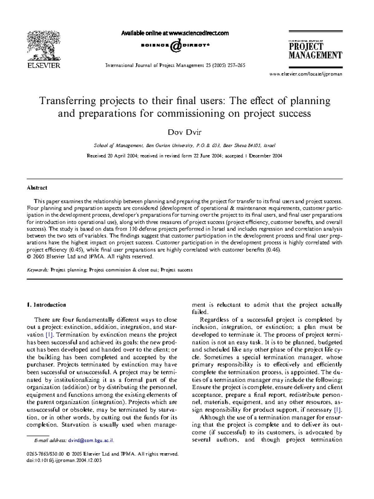 Transferring projects to their final use - O. 653, Beer Sheva 84105, Israel Received 20 April ...