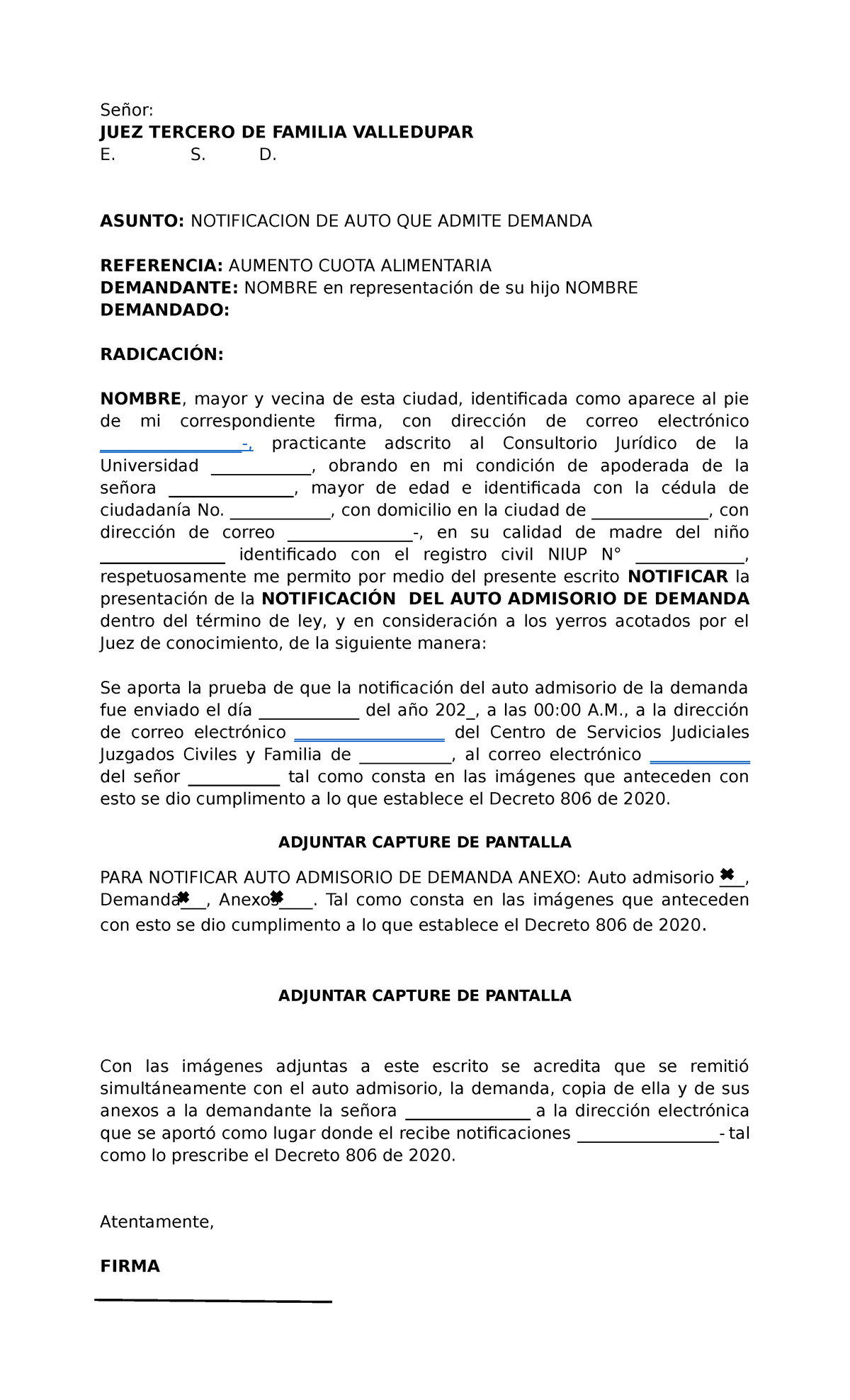 Notificacion DE AUTO QUE Admite Demanda Formato - Señor: JUEZ TERCERO ...