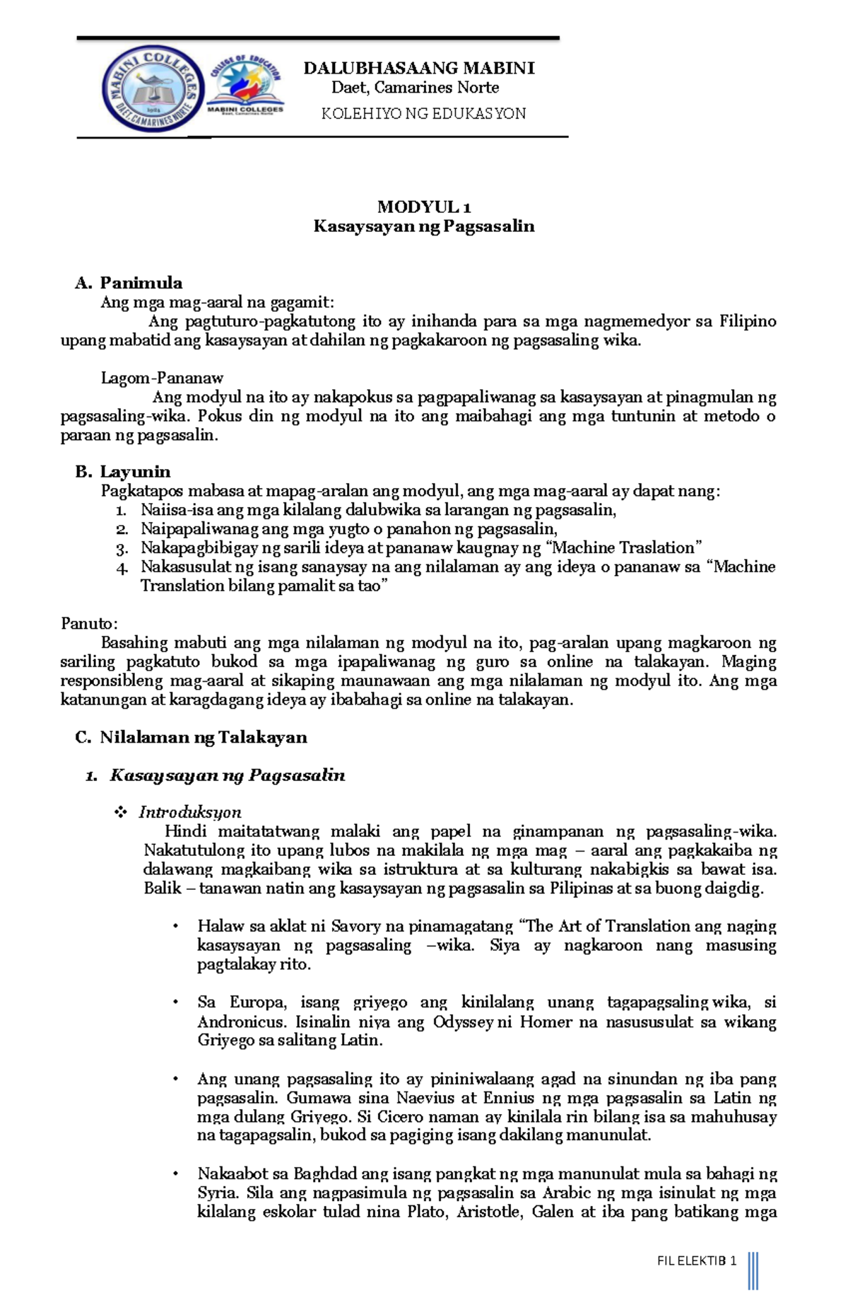 ULAT Kasaysayan ng Pagsasalin - DALUBHASAANG MABINI Daet, Camarines ...