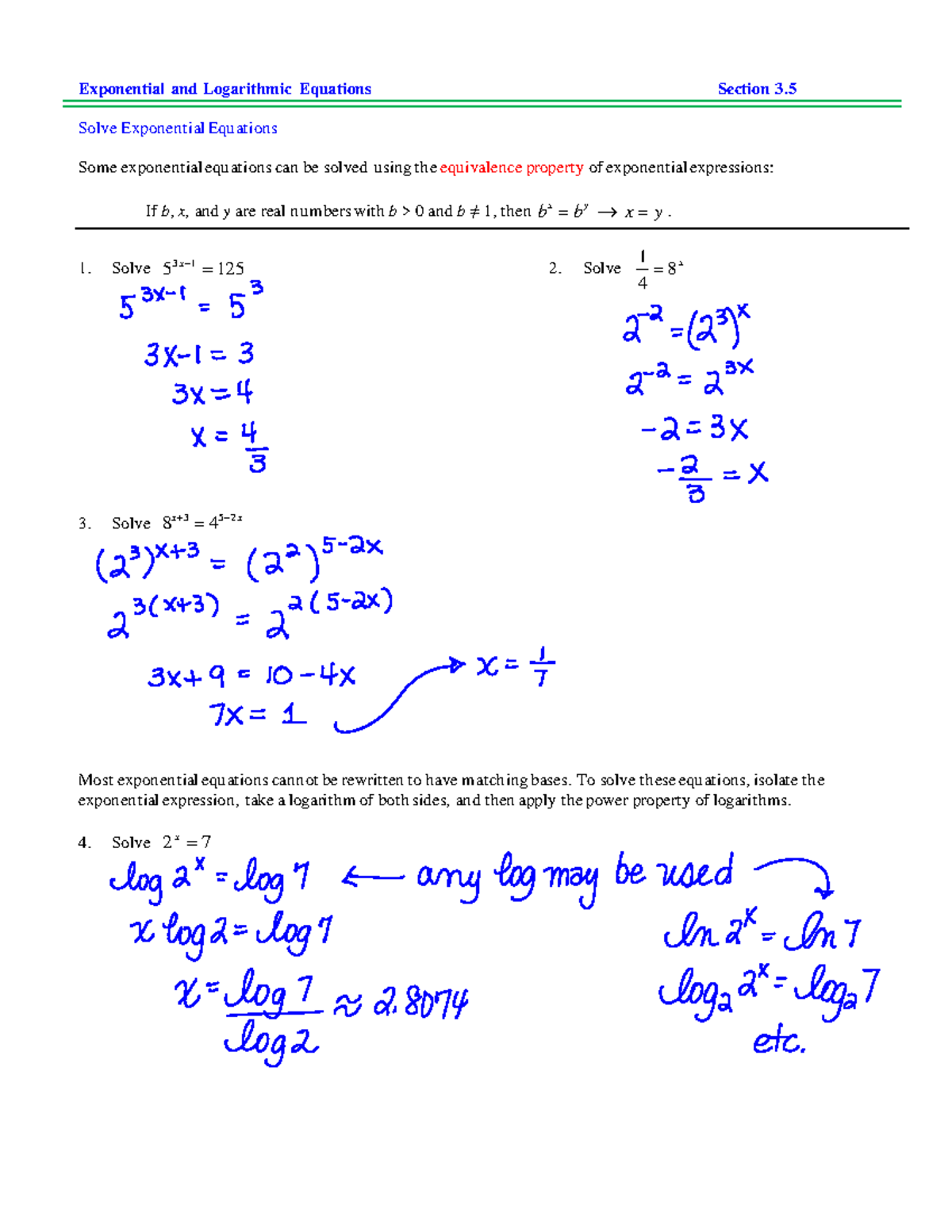 3.5 Solutions - Exponential and Logarithmic Equations Section 3. Solve ...