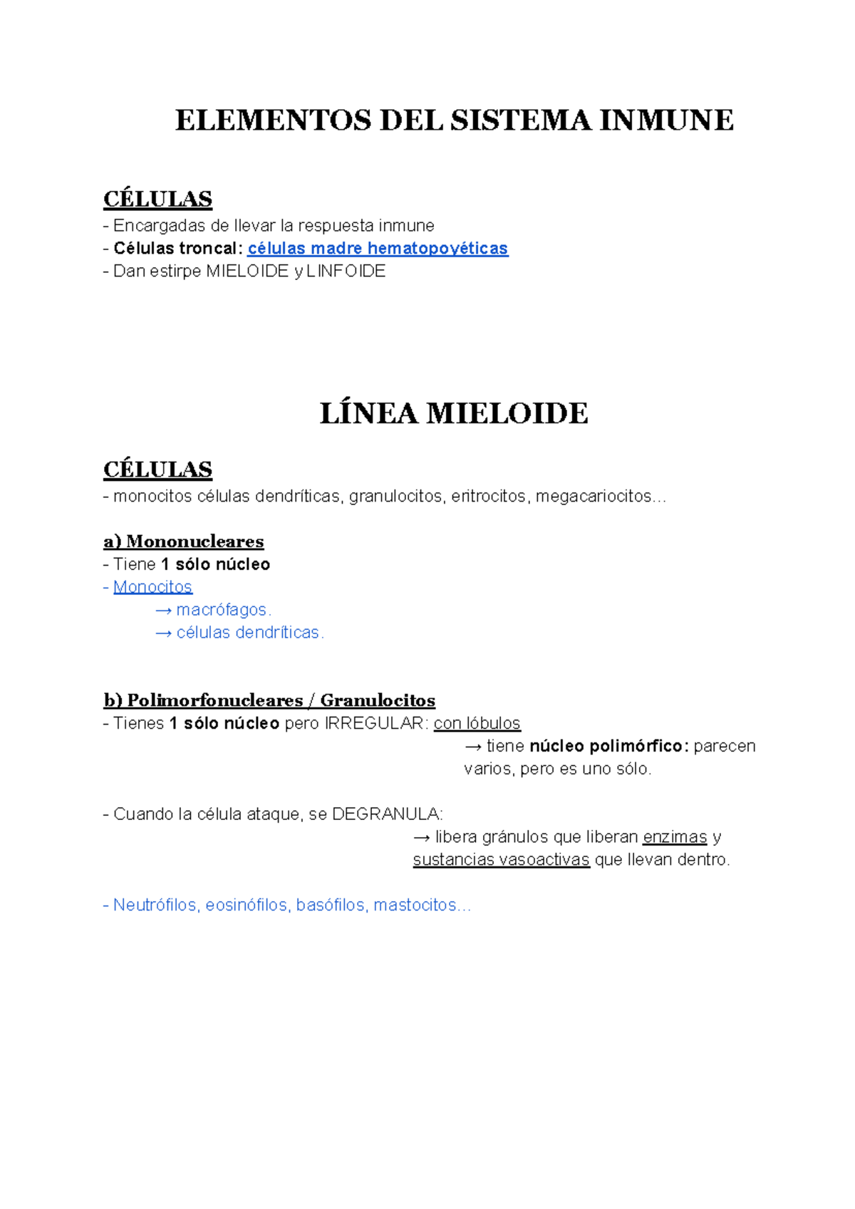 Células del Sistema Inmune (Líneas mieloide y linfoide) - ELEMENTOS DEL ...