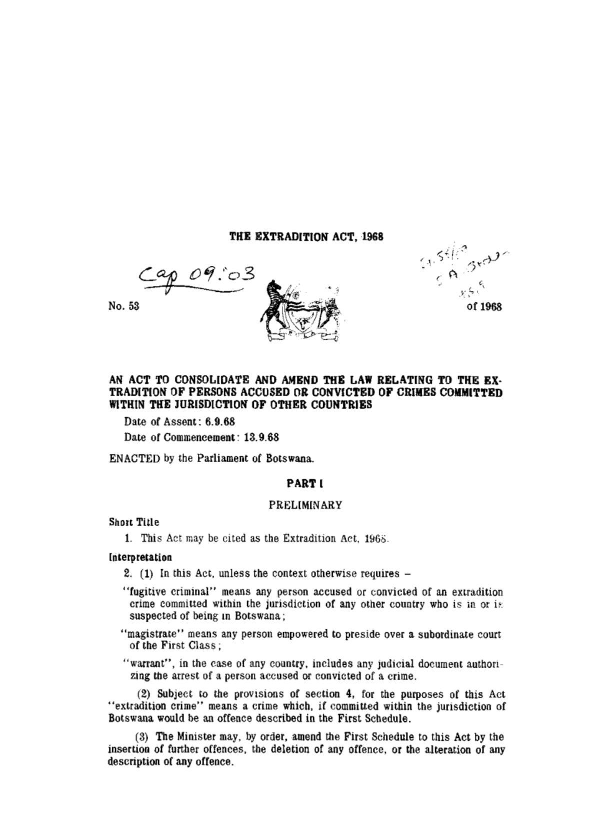 Extradition ACT, NO. 53 OF 1968 - THE EXTRADITION ACT, 1968 No. 53 of ...