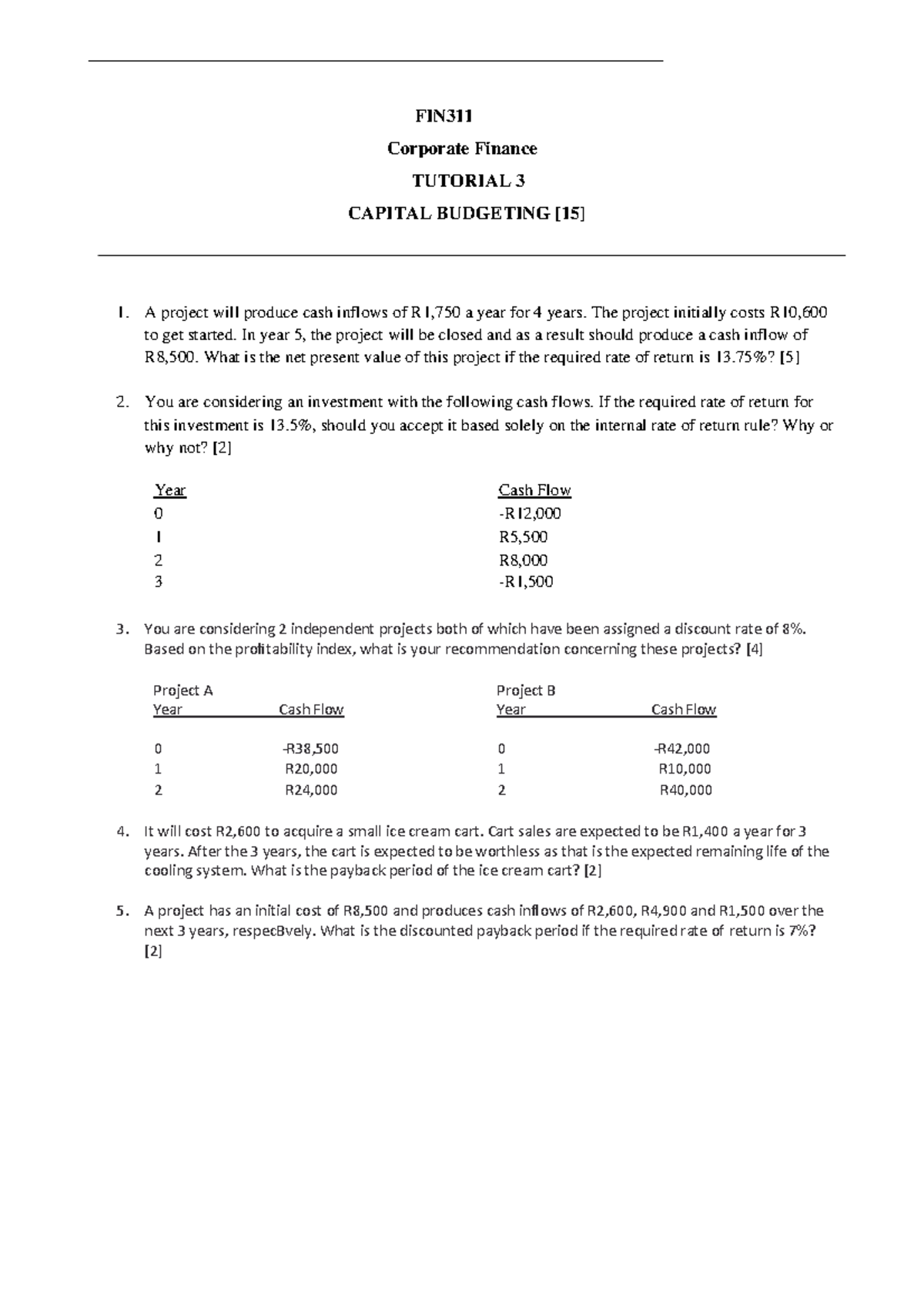 FIN311- Tutorial 3 Questions PDF - FIN Corporate Finance TUTORIAL 3 ...