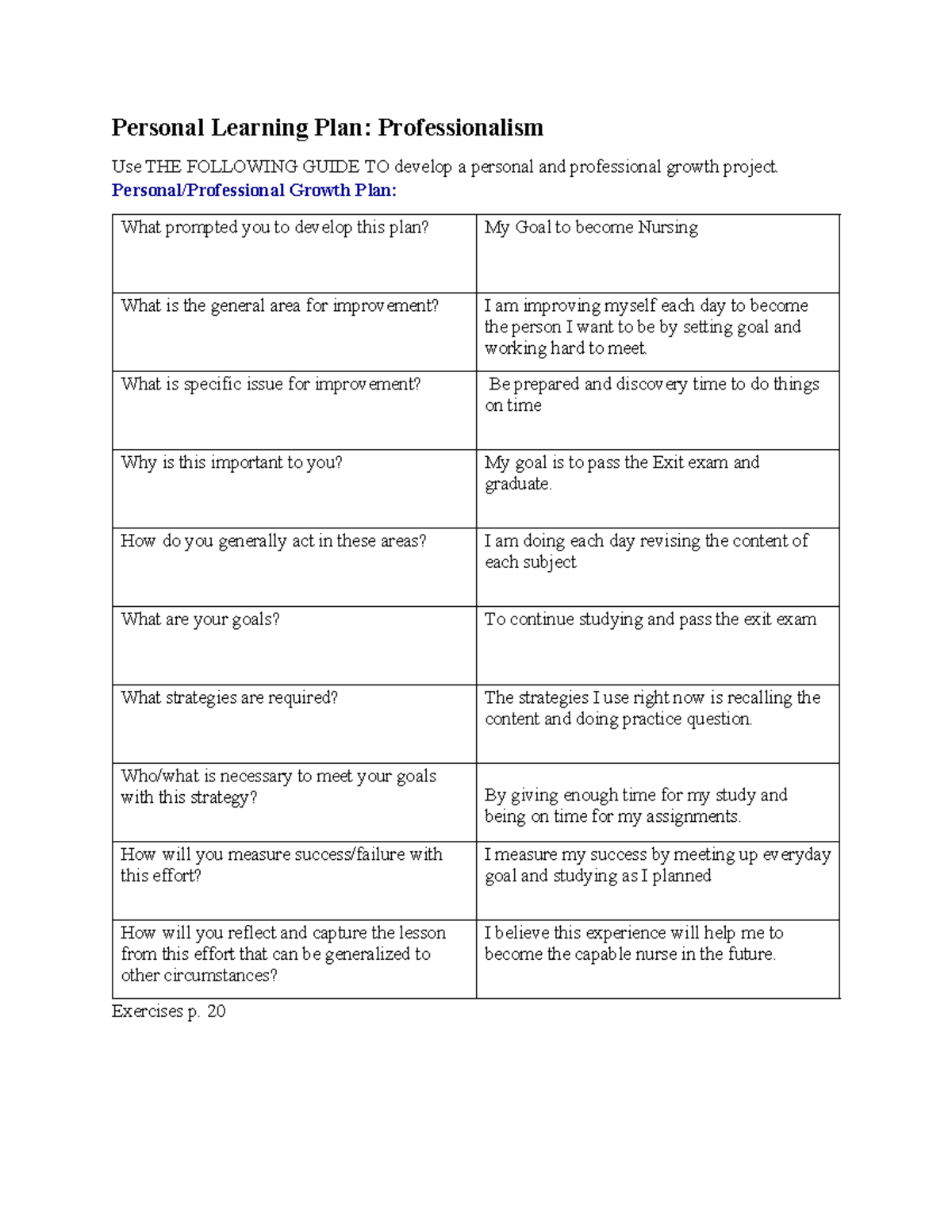 Bb Personal Learning Plan- Personal and Professional Growth (3 ...