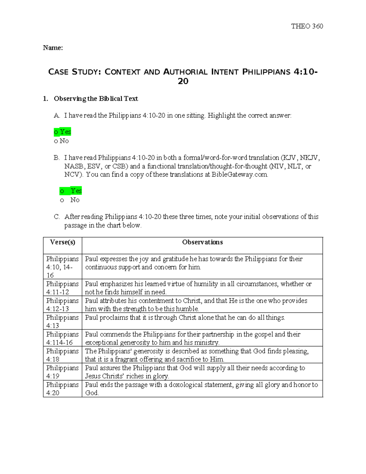 Case Study Context and Authorial Intent Philippians 4 10-20 - Name: CASE STUDY: CONTEXT AND ...