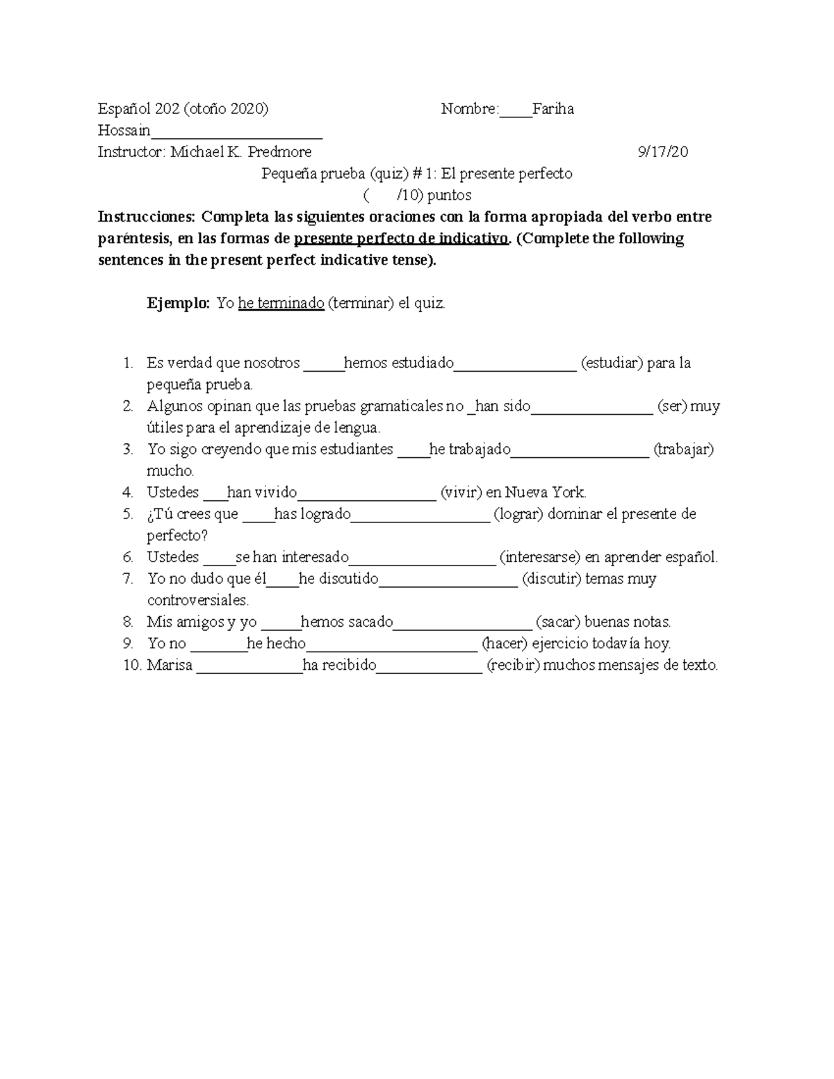 Quiz - Quiz paper for practice from Spanish 202. - Español 202 (otoño ...