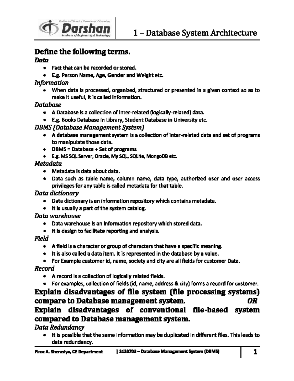 Dbmsass 11 - database managment system - Computer science engineering - Studocu