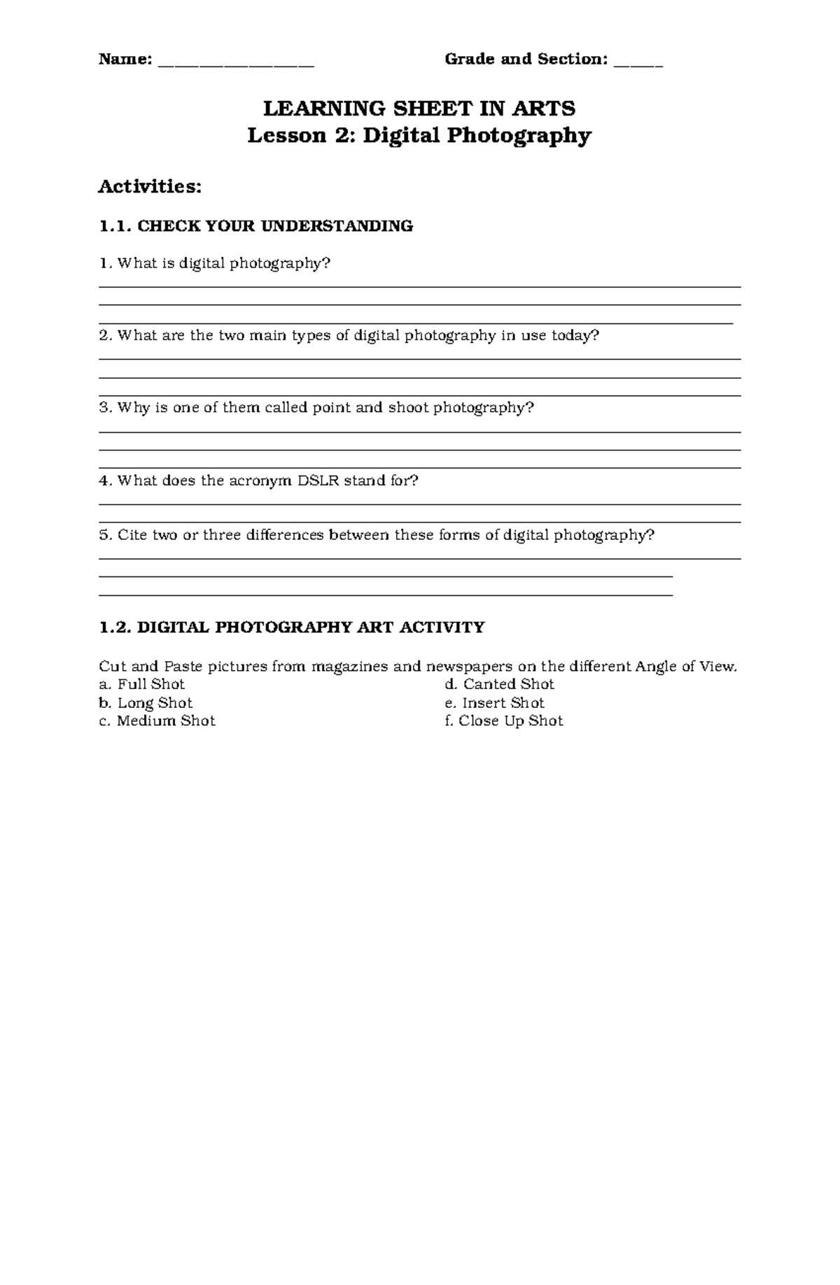 Digital Photography Learning Sheet - Name: ___________________ Grade ...