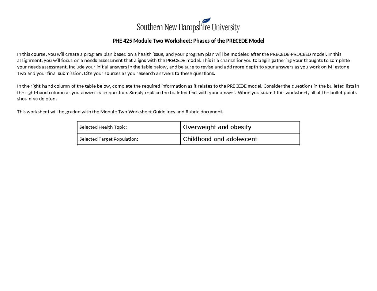 Phe425 module two worksheet - PHE 425 Module Two Worksheet: Phases of ...