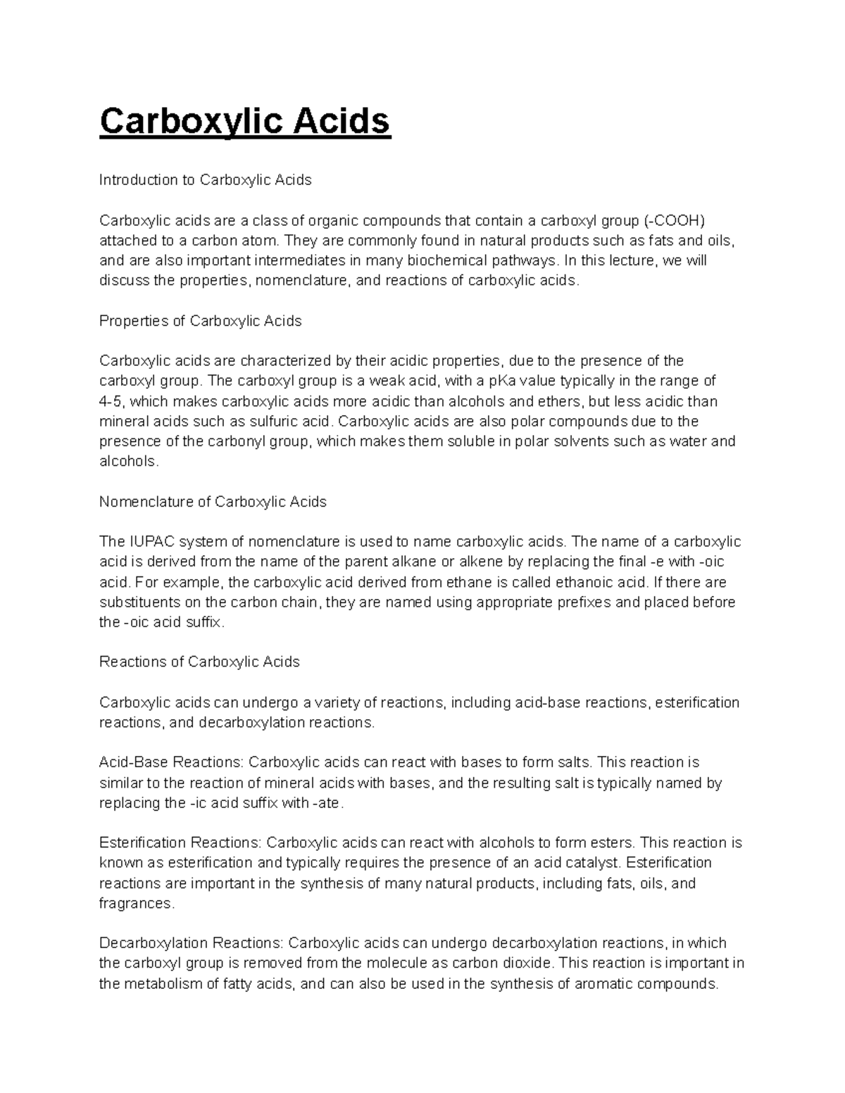 Carboxylic Acids - notes - Carboxylic Acids Introduction to Carboxylic ...