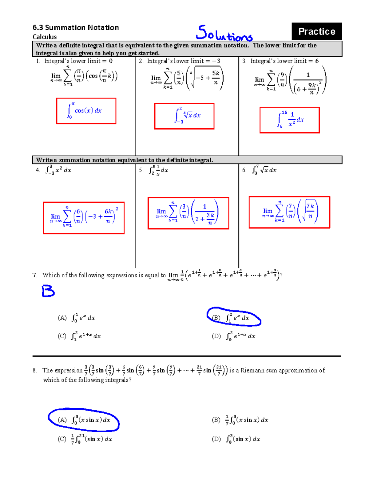 Calc 6.3 solutions - 6 Summation Notation Calculus Write a definite ...