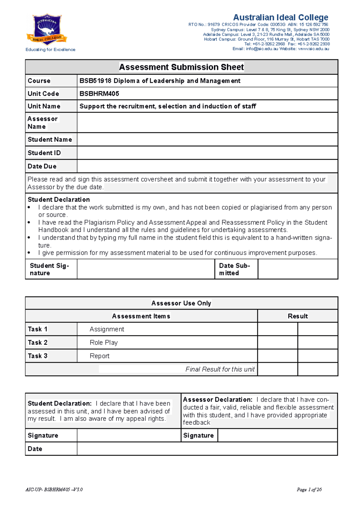 Bsbhrm 405 Assessment Tasks - Educating for Excellence Assessment ...