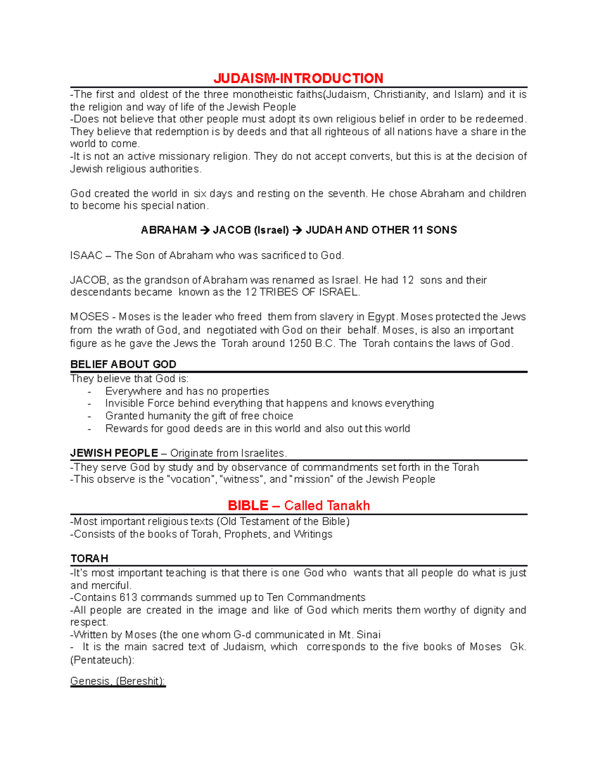 Judaism Summary - JUDAISM-INTRODUCTION -The first and oldest of the ...