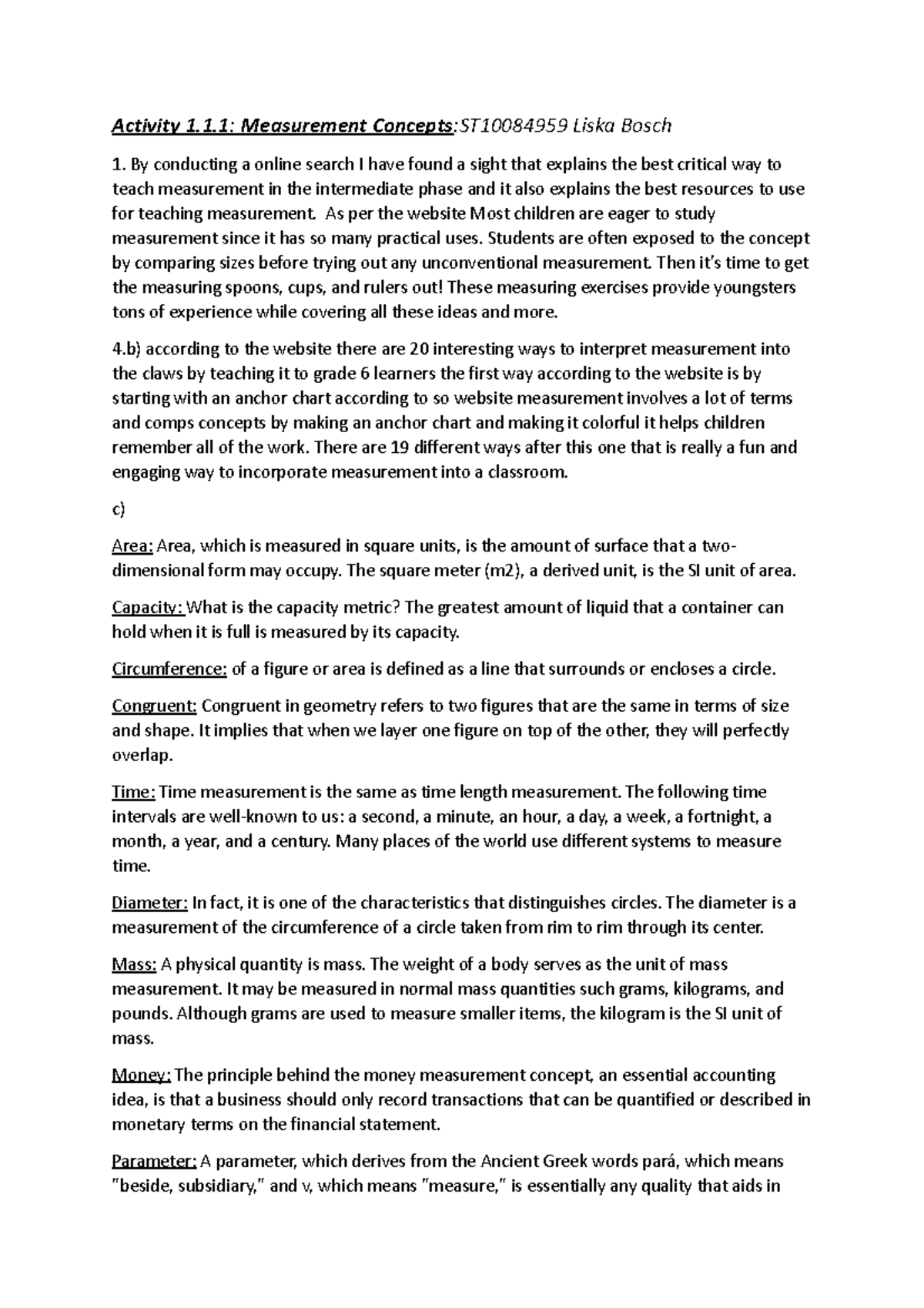 Math ice - ice - Activity 1.1: Measurement Concepts:ST10084959 Liska ...