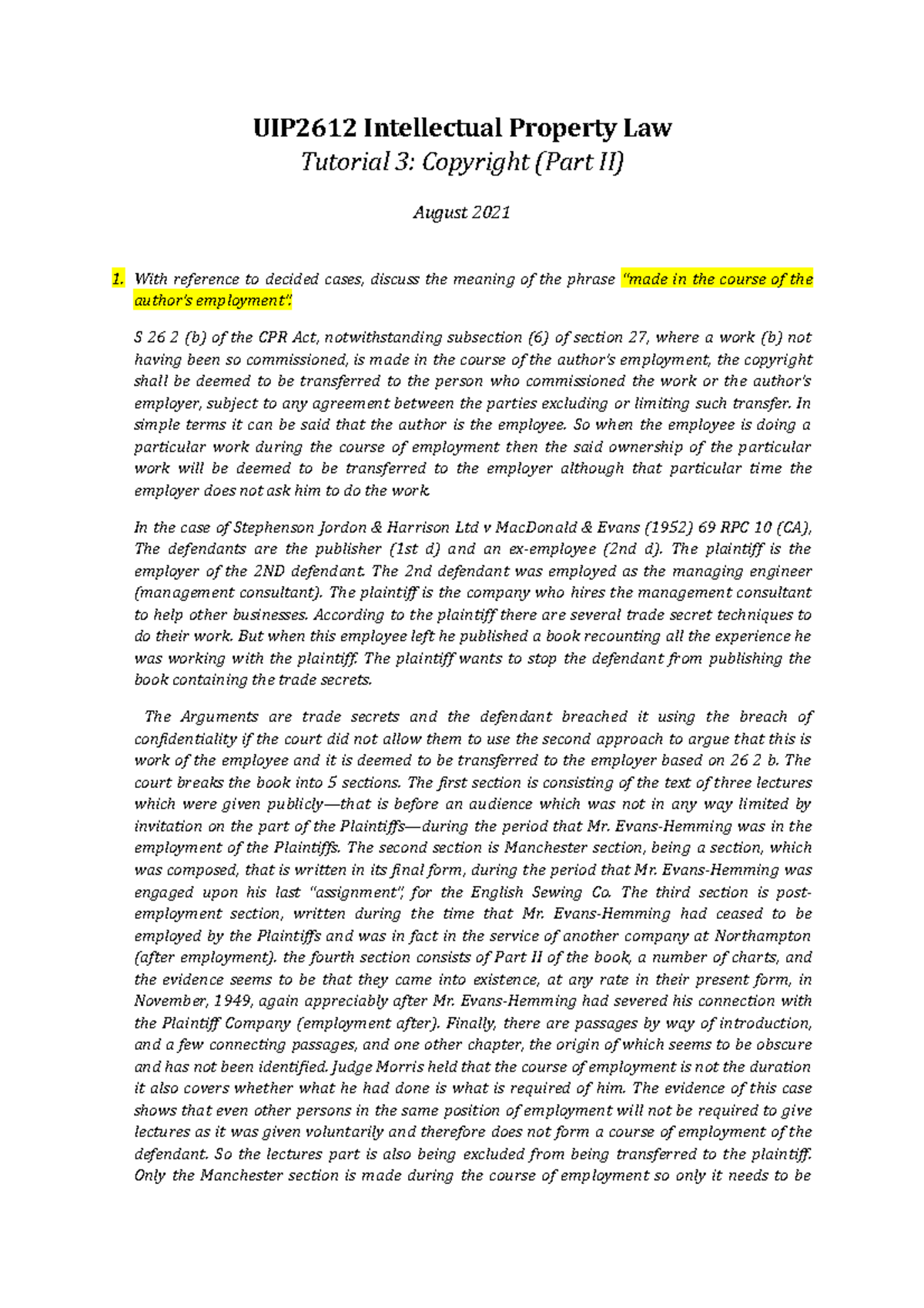 Tutorial 3 (Copyright II) - UIP2612 Intellectual Property Law Tutorial ...
