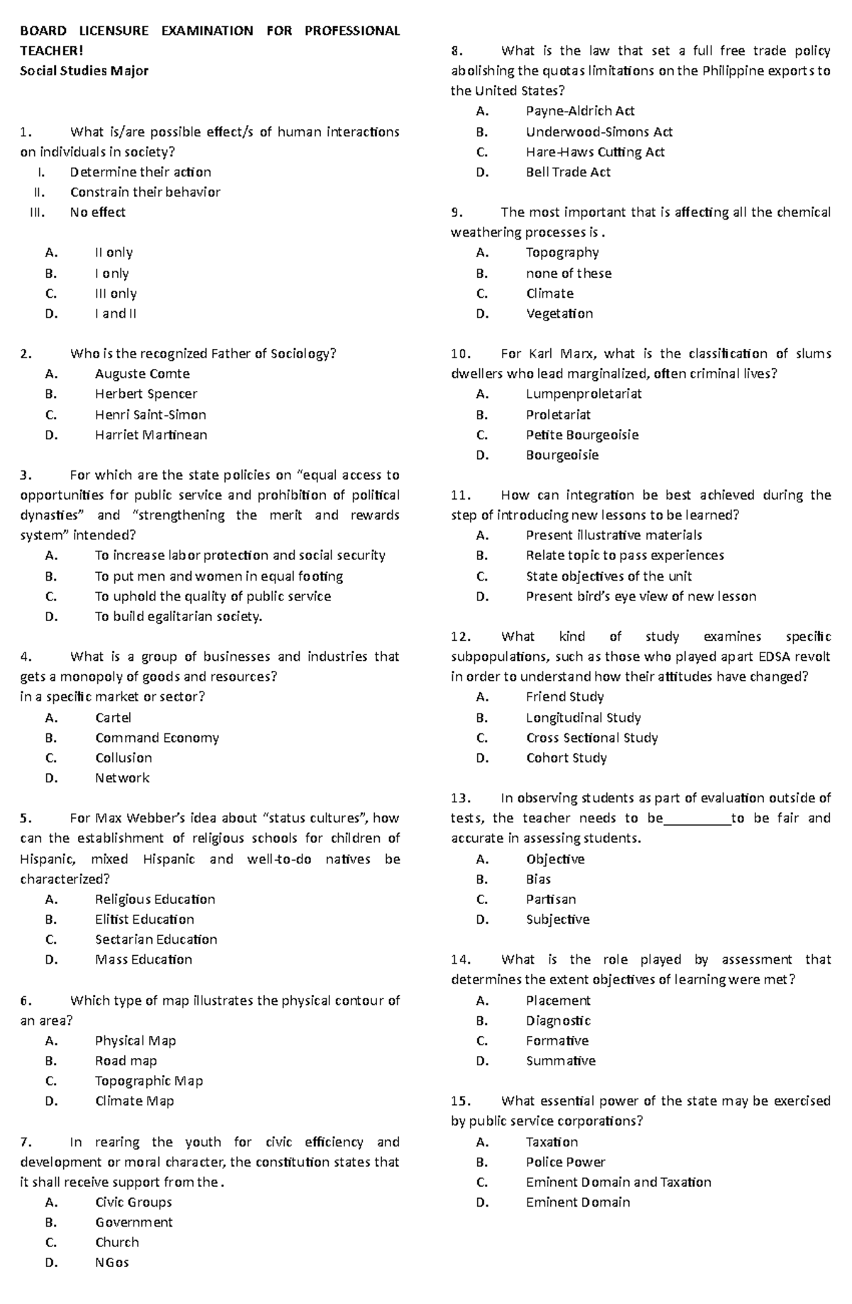 Social Studies 150 items - BOARD LICENSURE EXAMINATION FOR PROFESSIONAL ...