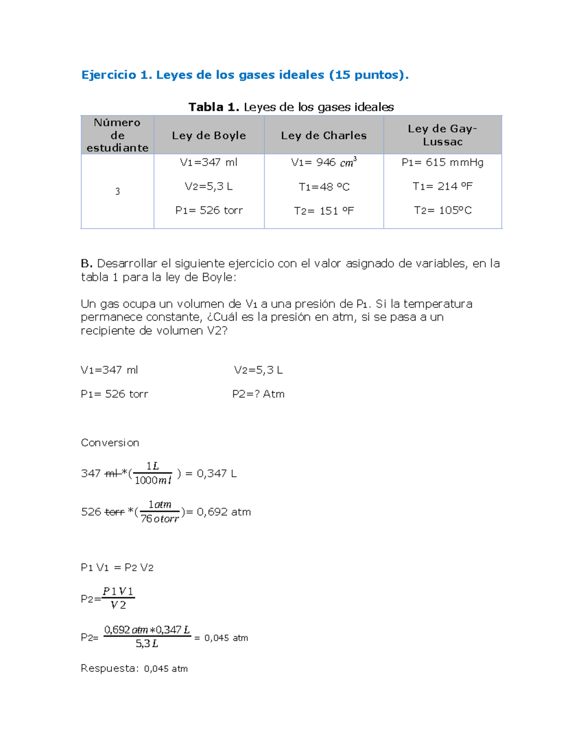 Ejercicio 1 LEY DE Boyle Y Charles - Ejercicio 1. Leyes de los gases ideales (15 puntos). Tabla ...