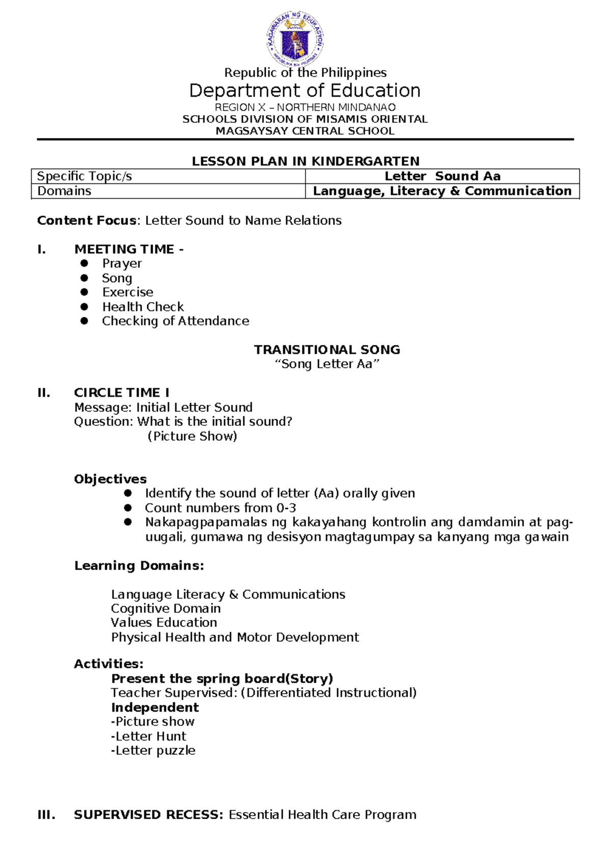 Lesson PLAN IN Kindergarten - Republic of the Philippines Department of ...