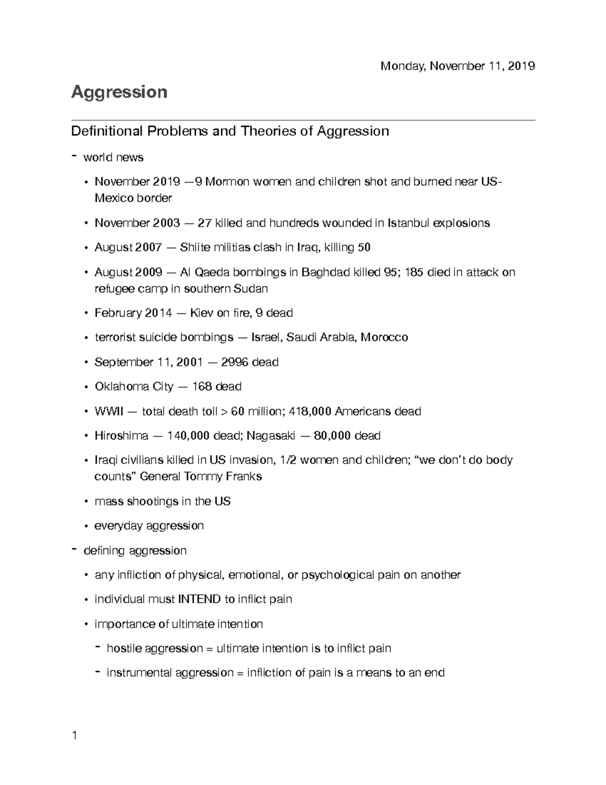 Week 6 - week 6 - Aggression Definitional Problems and Theories of ...