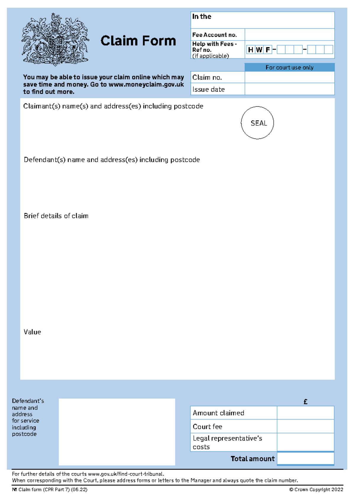 N1 0622 save - law form - Claim Form In the Fee Account no. Help with ...