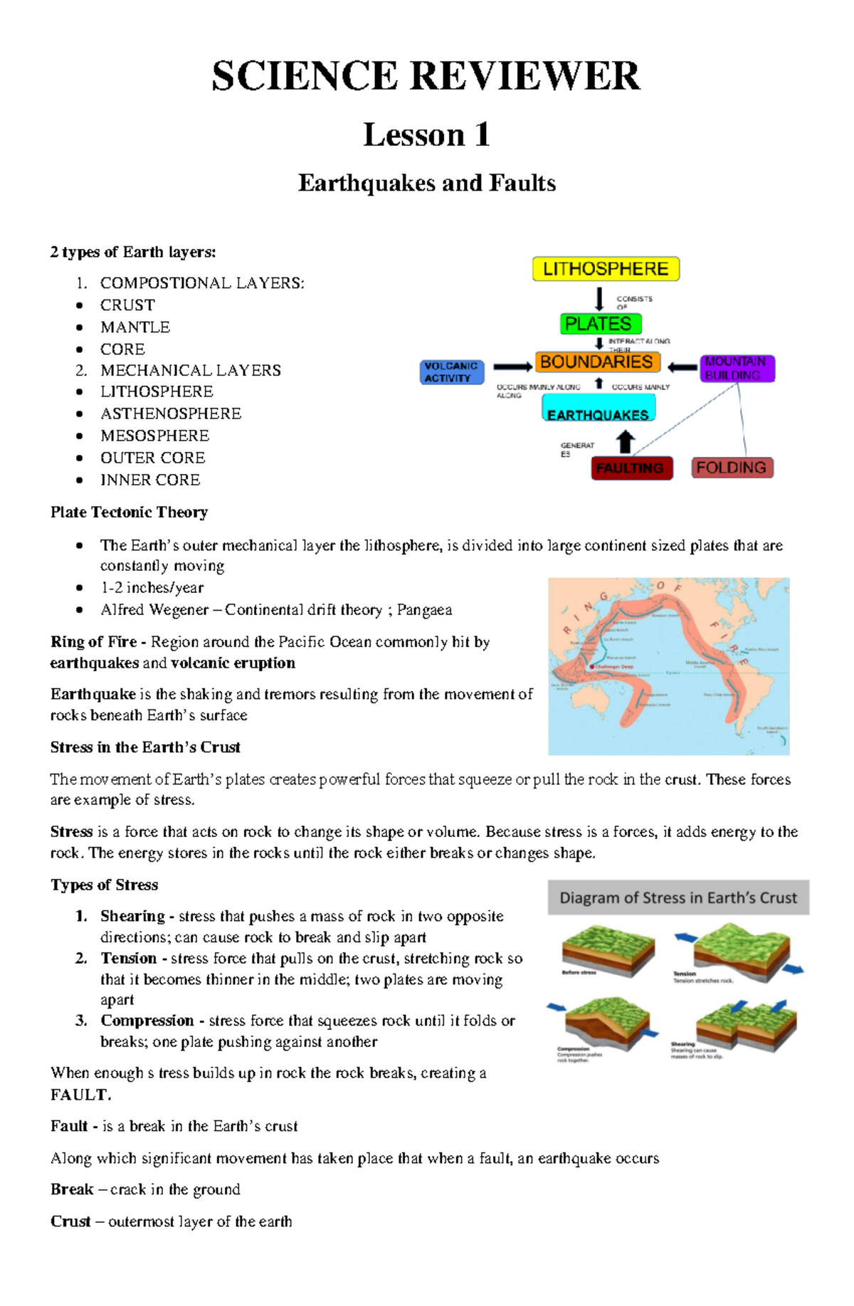 Science Reviewer - Faults and - SCIENCE REVIEWER Lesson 1 Earthquakes ...
