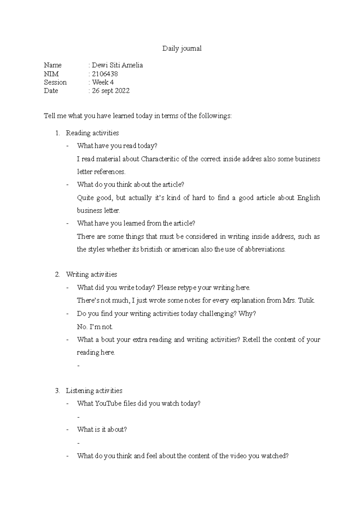 Daily journal at English Course to reflect student's understanding ...