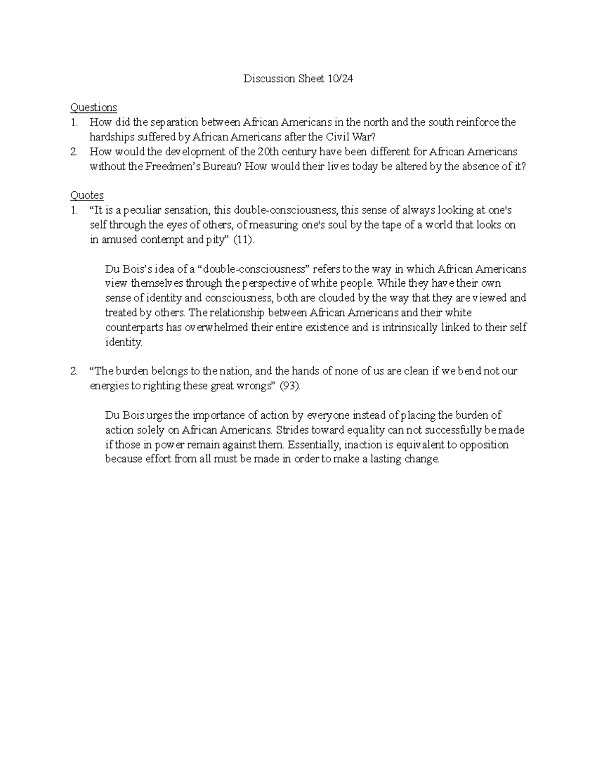 "The Souls of Black Folk" Discussion Sheet 10:24 - Discussion Sheet 10 ...
