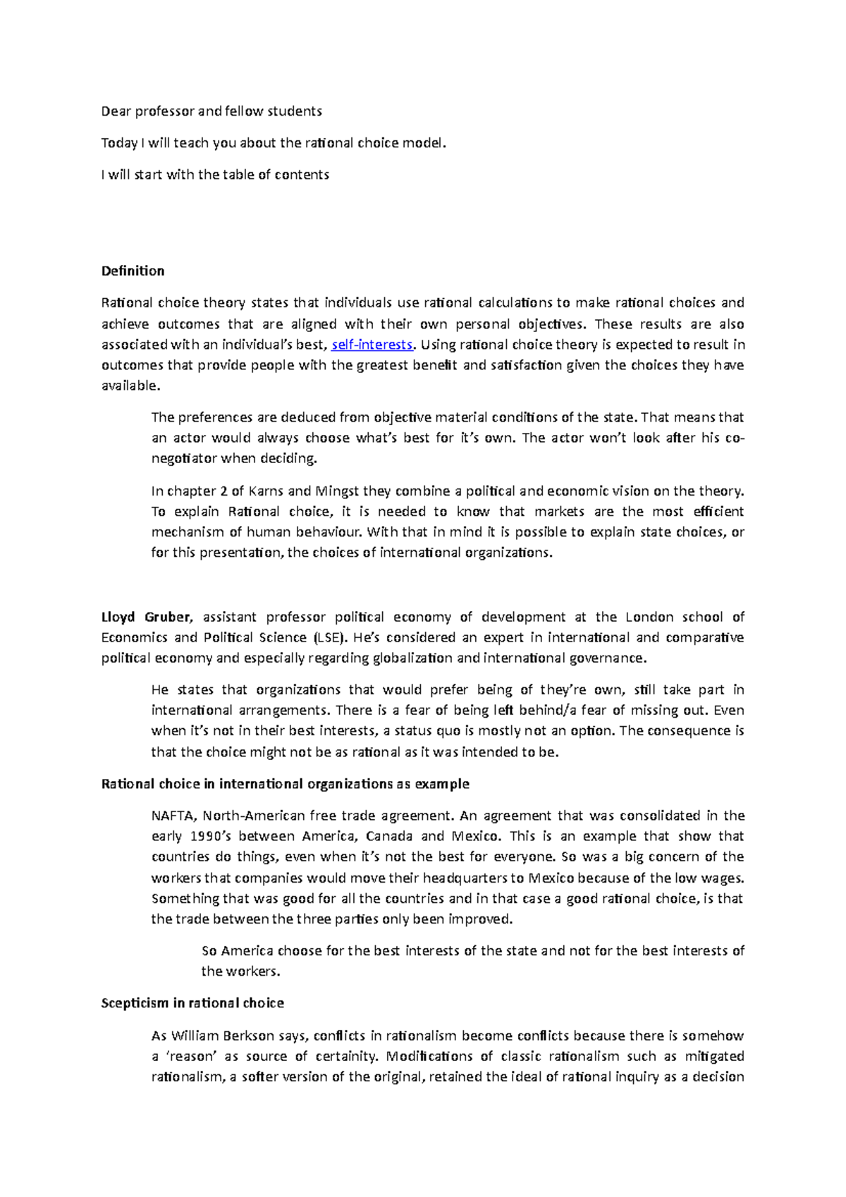 Rational Choice Theory uitleg - Dear professor and fellow students ...