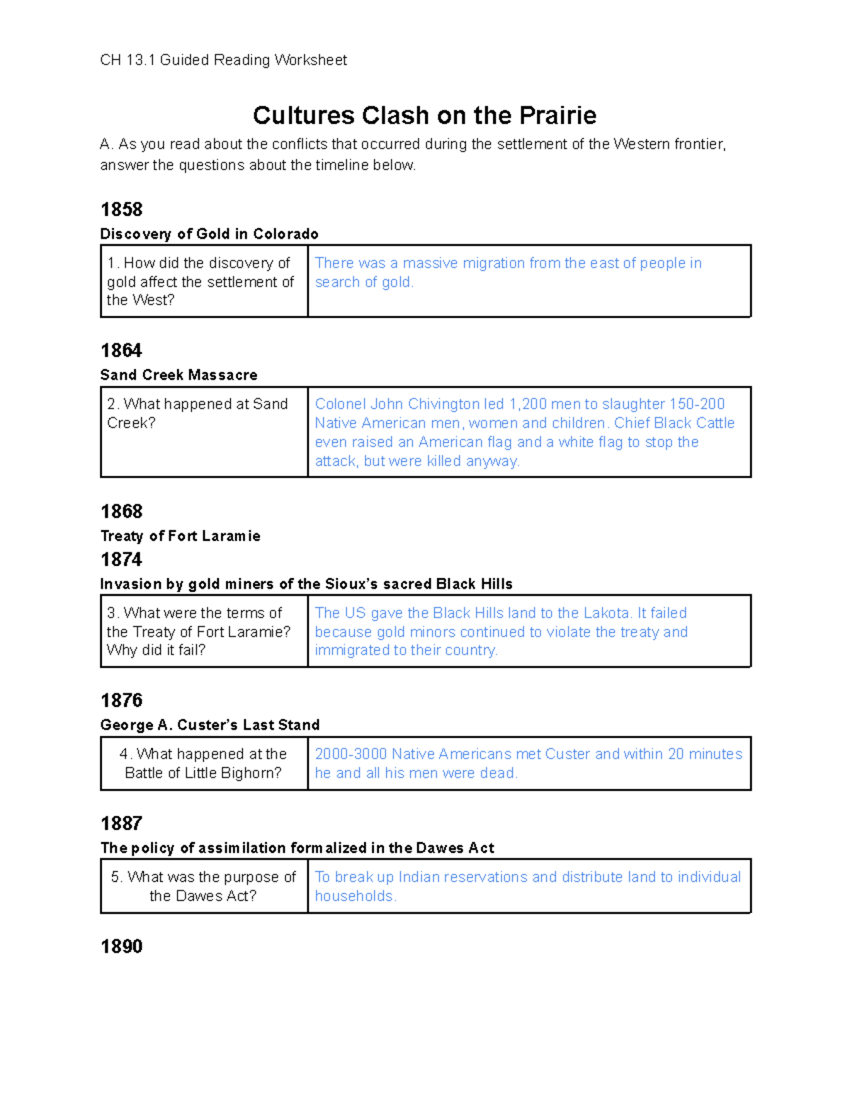 Copy of Cultures Clash on the Prairie - CH 13 Guided Reading Worksheet ...