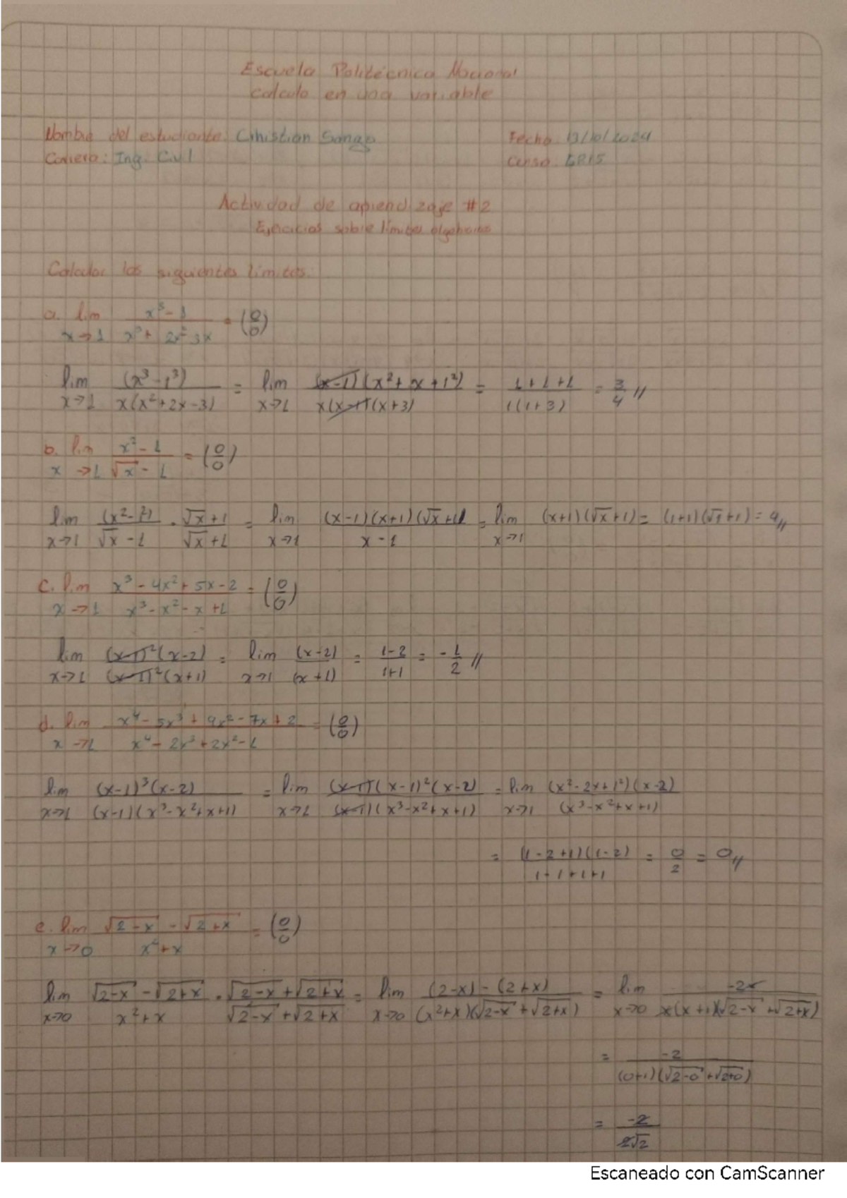 Tarea semana 2 GR15 Sango Crhistian - Cálculo en una Variable - Escuela Politecnica Macional ...