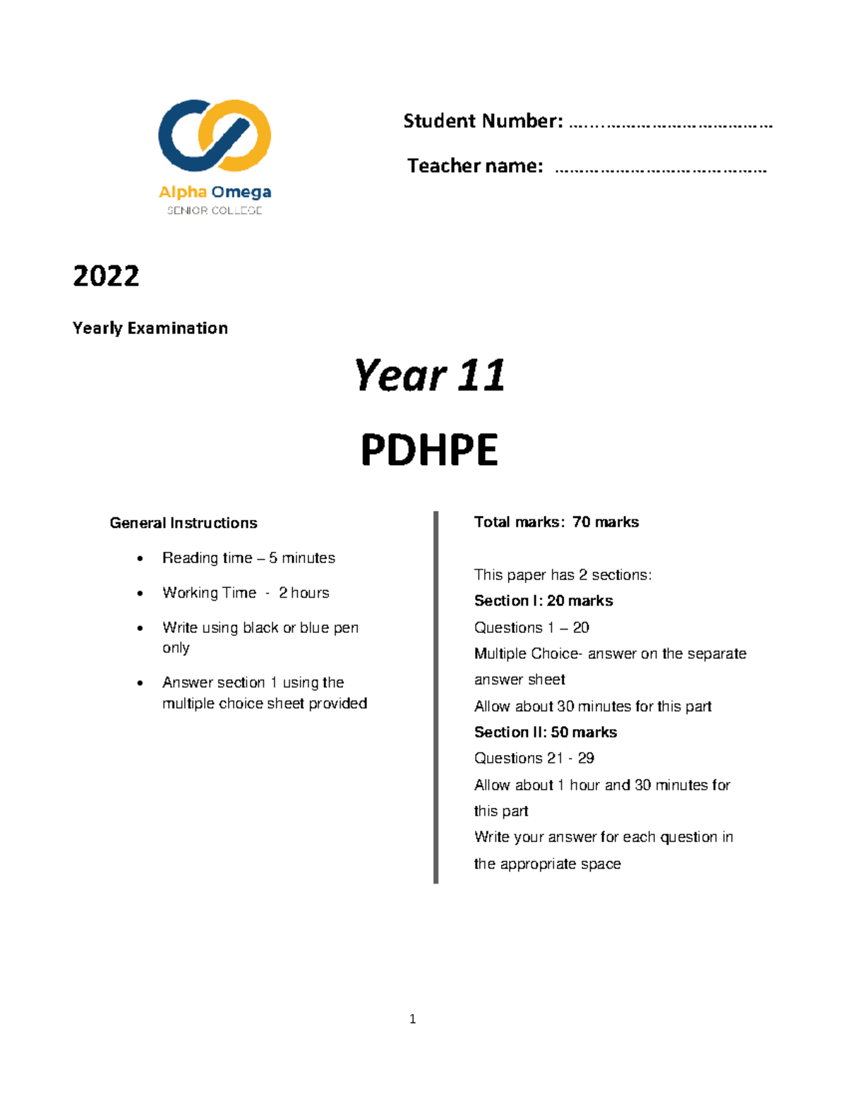 2022 Yr 11 Pdhpe Yealry Good General Instructions • Reading Time