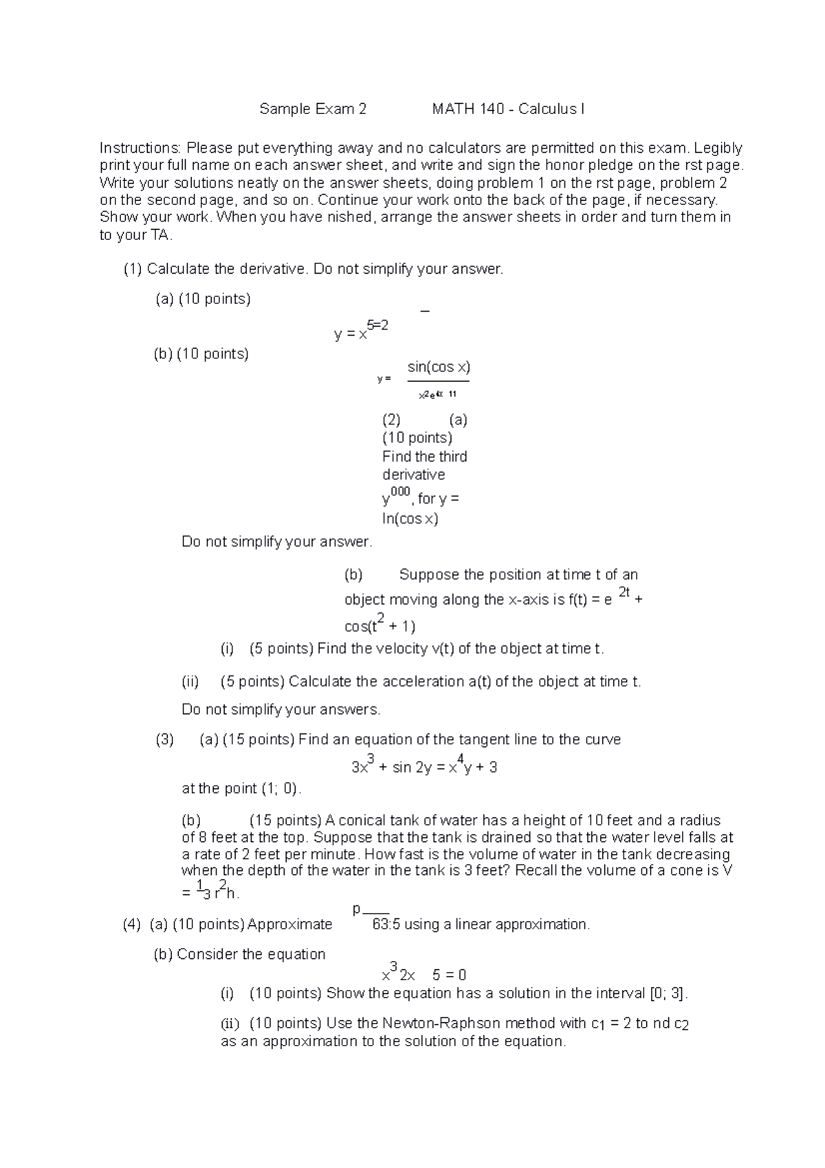 Sample Exam 1 Math 140 Calc 1 Prac Exam Sample Exam 2 MATH 140 sample-exam-1-math-140-calc-1-prac-exam-sample-exam-2-math-140