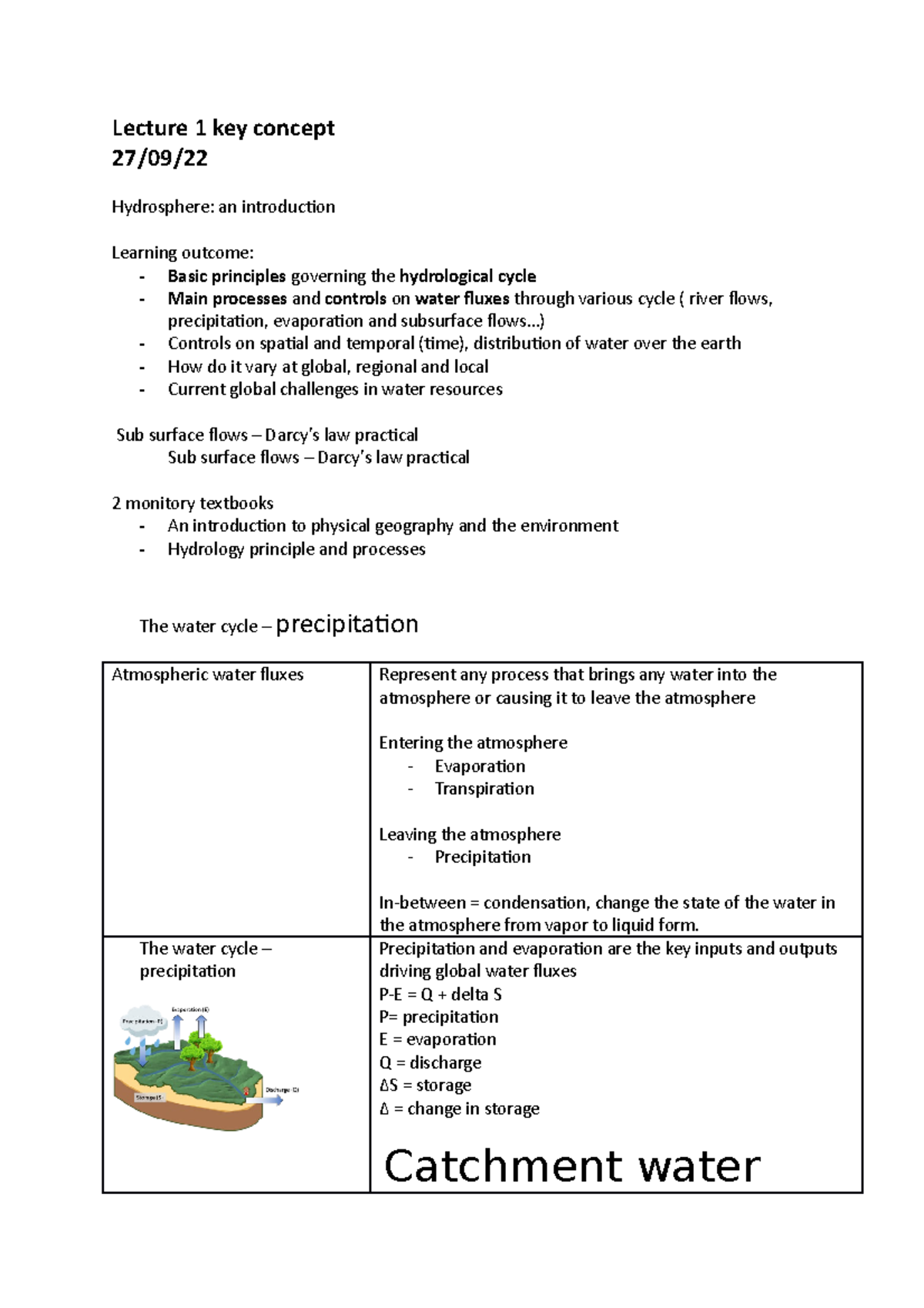Lecture 1 precipitation - Lecture 1 key concept 27/09/ Hydrosphere: an ...