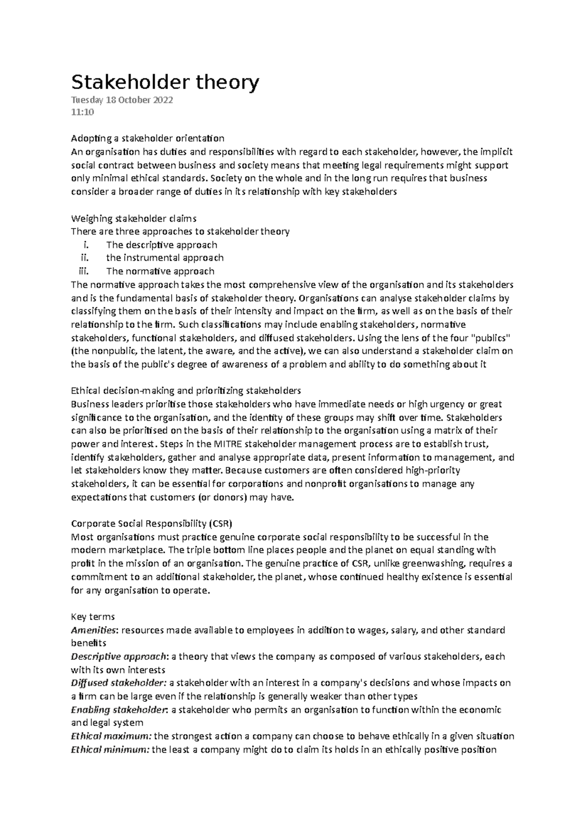 Stakeholder theory - Stakeholder theory Tuesday 18 October 2022 11 ...