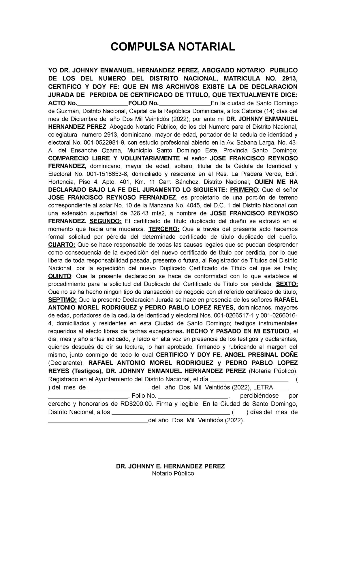 Compulsa - Declaracion Jurada de Perdida de Titulo - ose Francisco ...