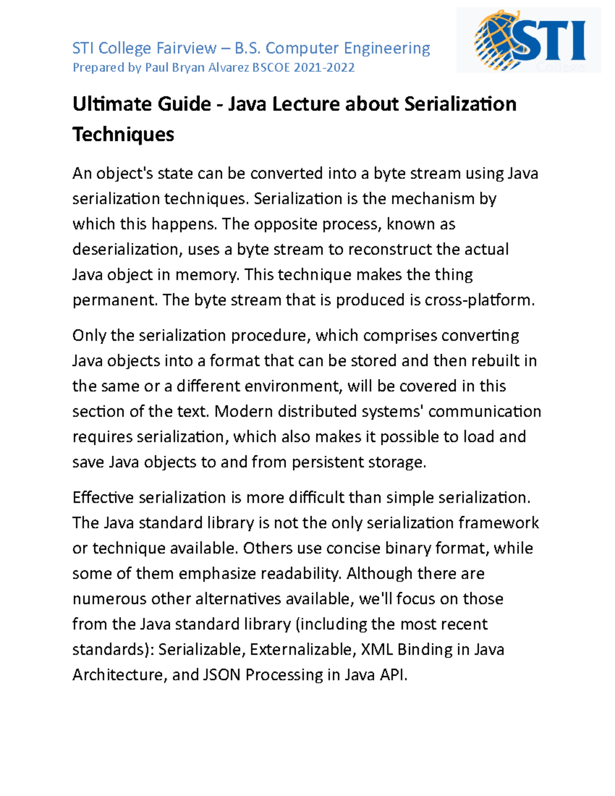 Ultimate Guide Java Lecture About Serialization Techniques Prepared By Paul Bryan Alvarez