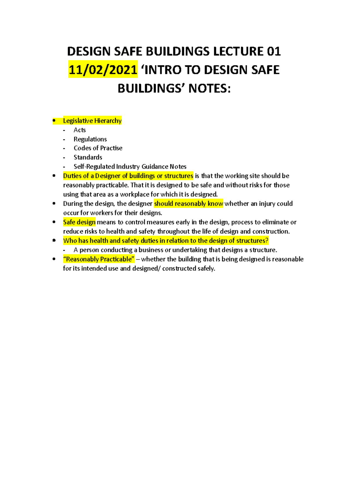 Lecture 01 - 11.02.2021 Intro TO Design SAFE Buildings Notes - DESIGN ...
