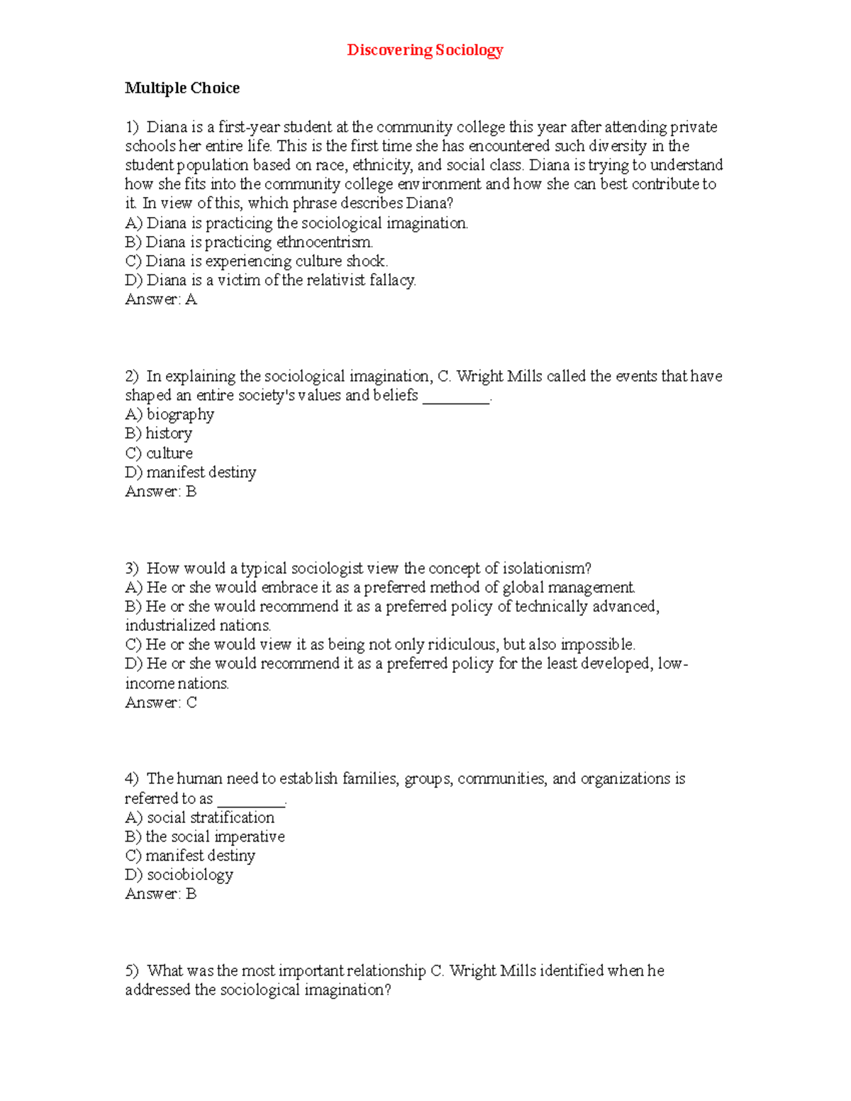 Discovering Sociology - Discovering Sociology Multiple Choice Diana is ...