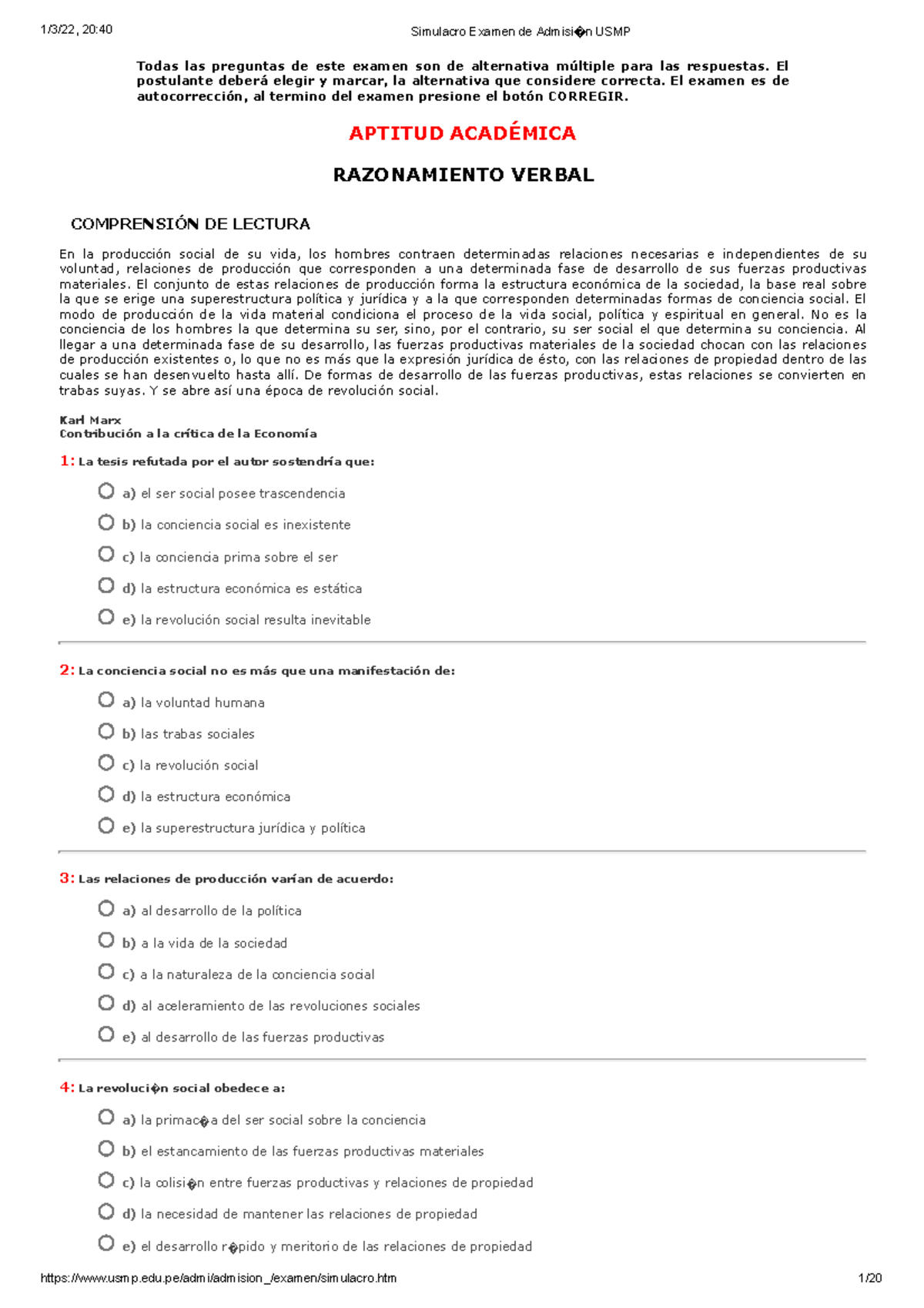 Simulacro Examen de Admisi n USMP - Todas las preguntas de este examen son de alternativa ...