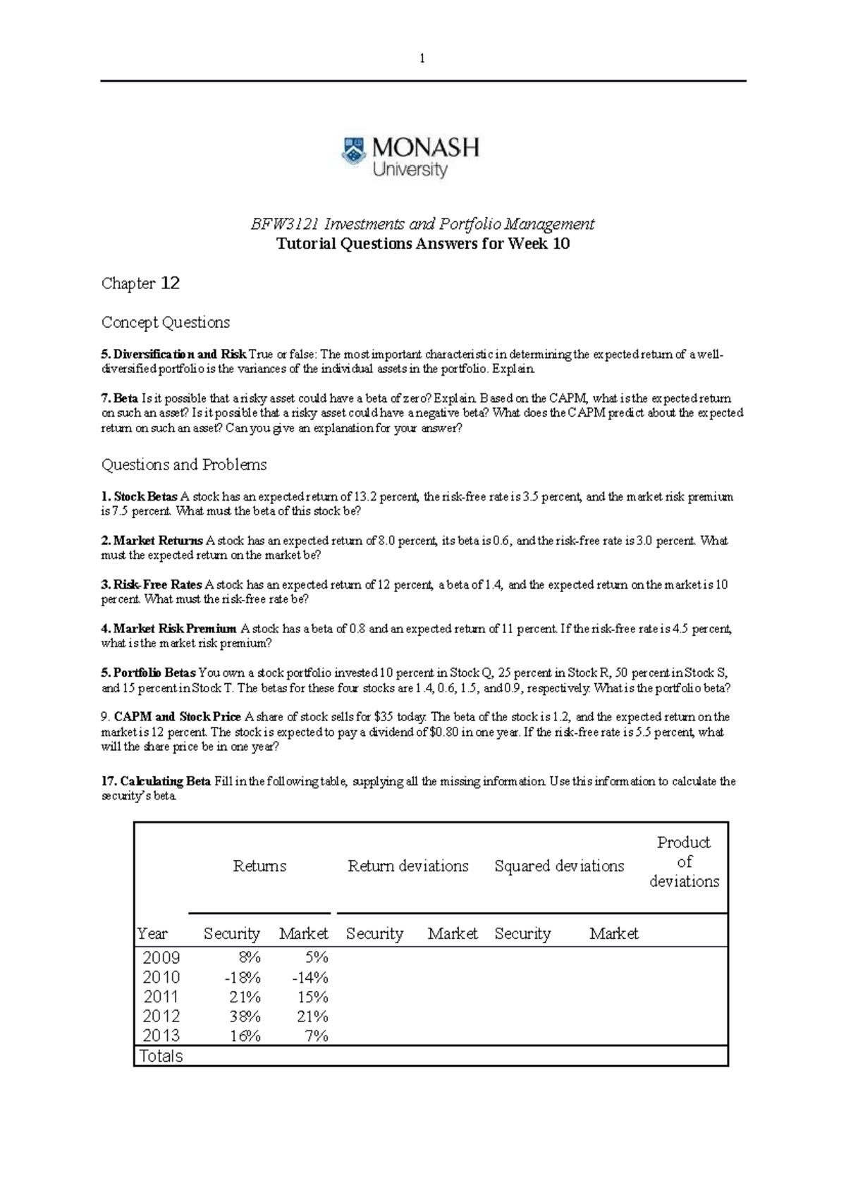 BFW3121 Tutorial Answers for Week 10 - 1 BFW3121 Investments and ...