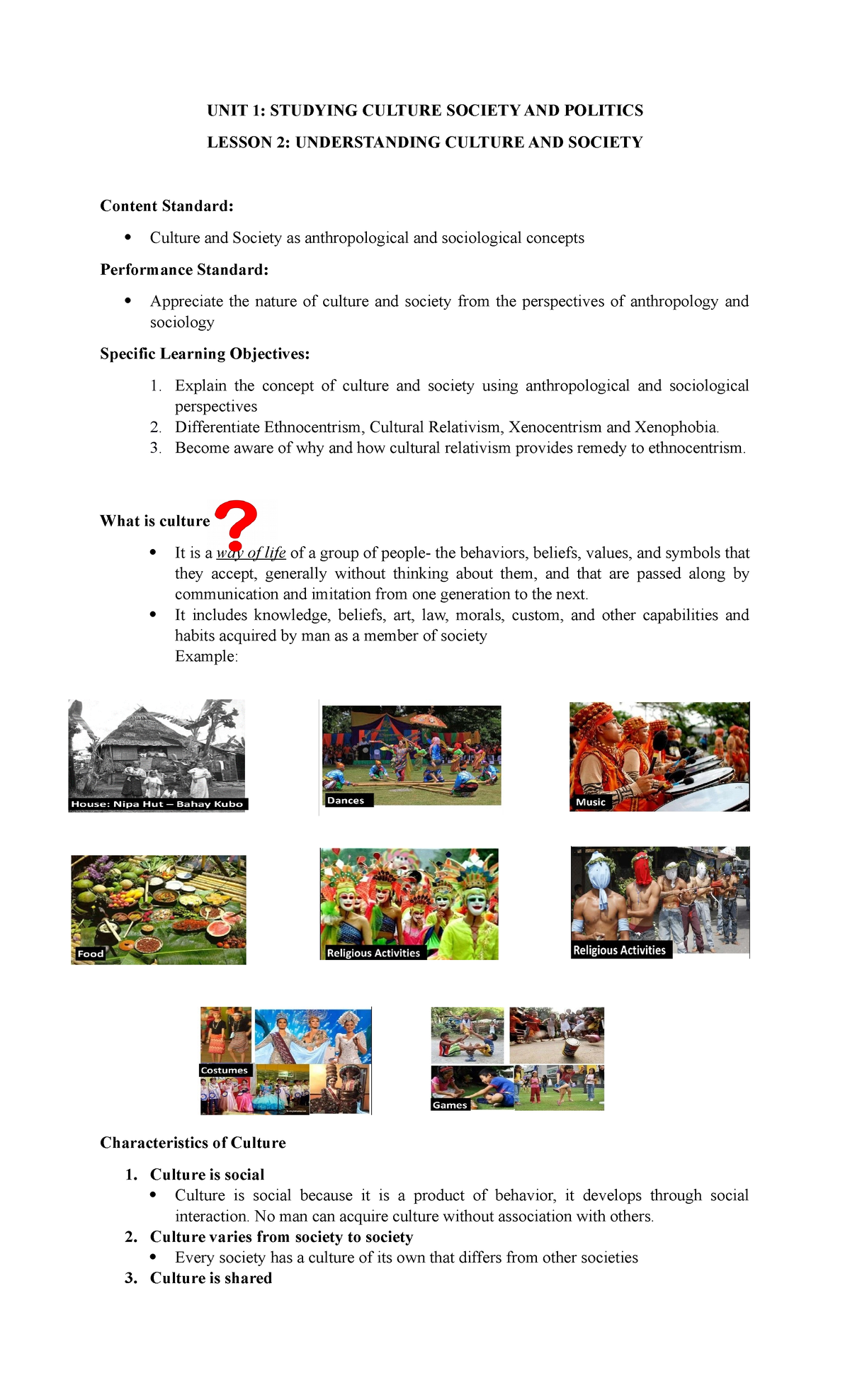 UCSP 2 Understanding Culture and Society - UNIT 1: STUDYING CULTURE ...