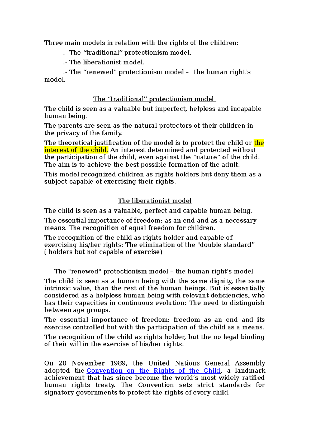 Three main models in relation with the rights of the children - The ...